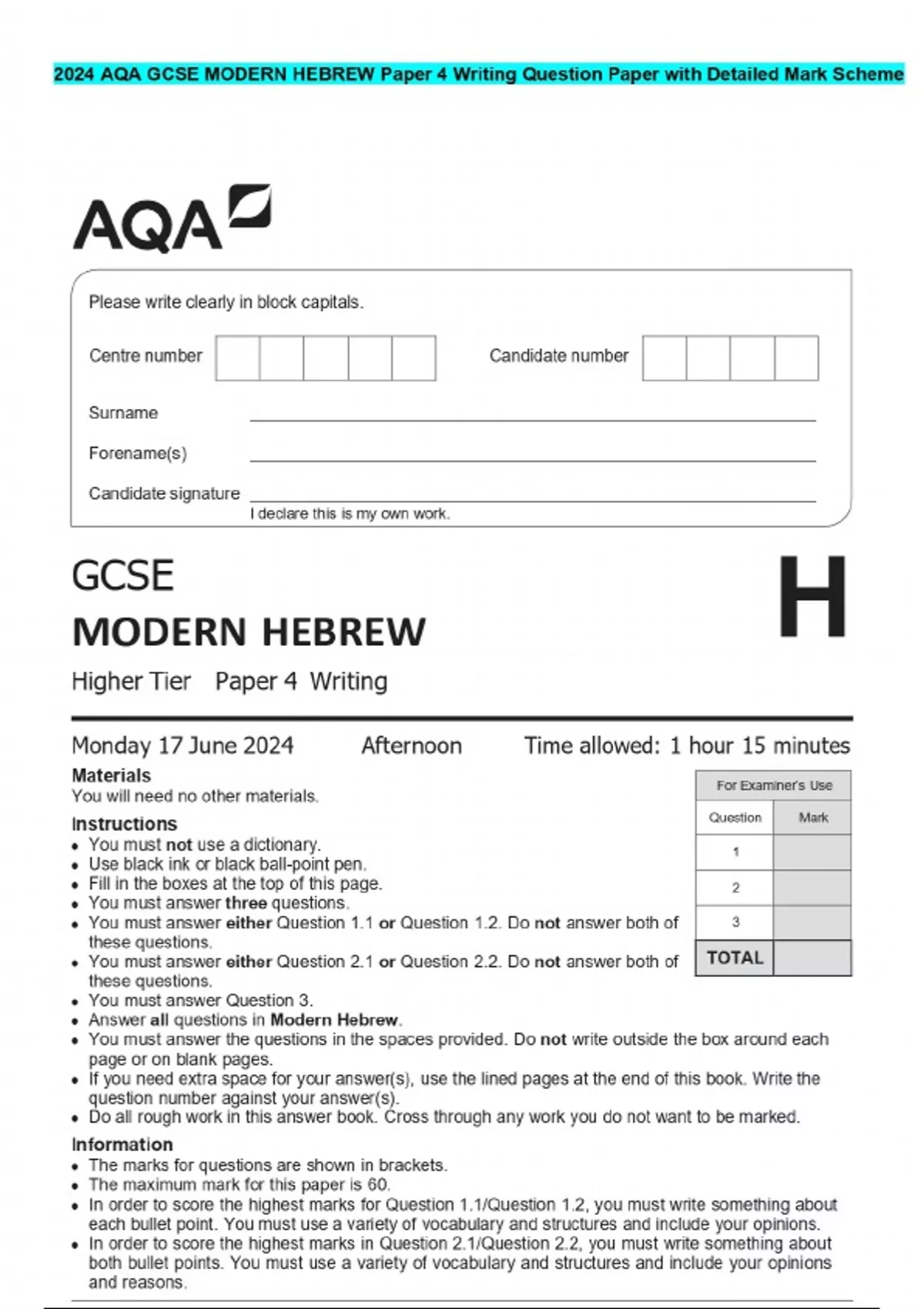 2024 AQA GCSE MODERN HEBREW Paper 4 Writing Question Paper with ...