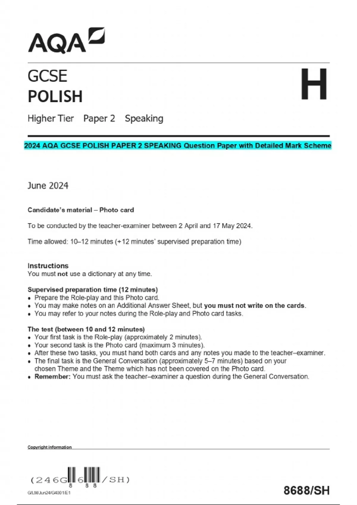 2024 AQA GCSE POLISH PAPER 2 SPEAKING Question Paper with Detailed Mark ...