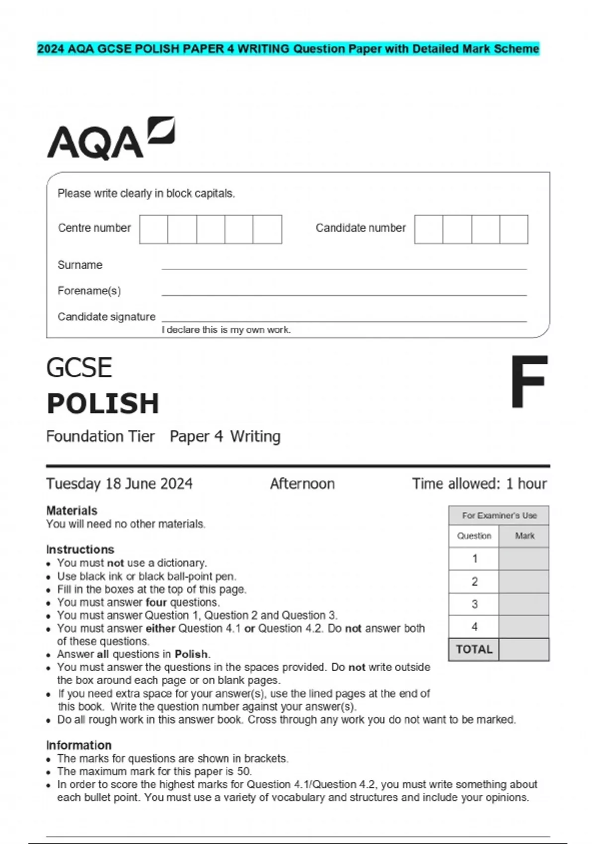 2024 AQA GCSE POLISH PAPER 4 WRITING Question Paper with Detailed Mark ...