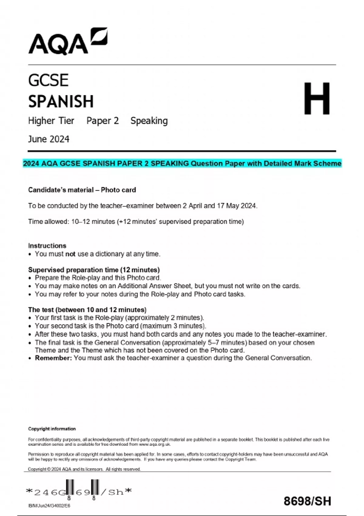 2024 AQA GCSE SPANISH PAPER 2 SPEAKING Question Paper with Detailed ...