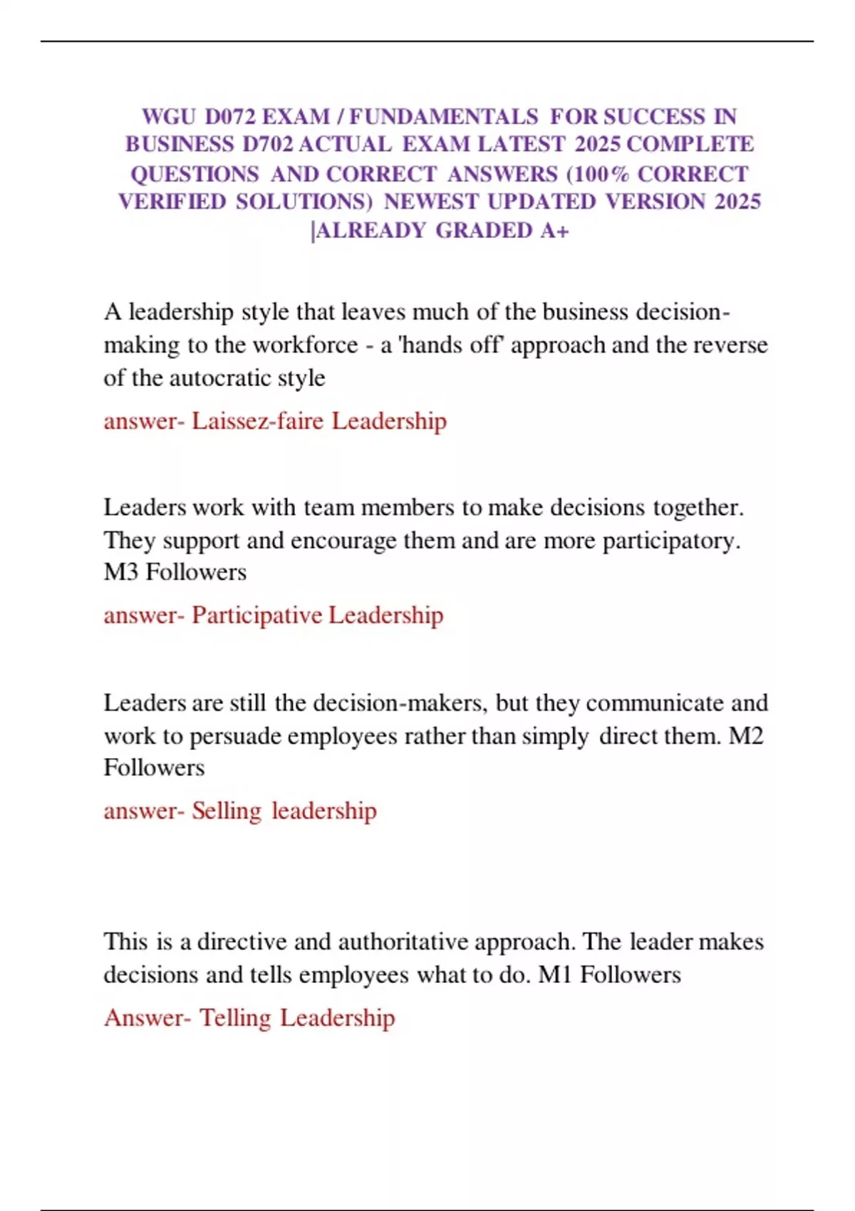 WGU D072 EXAM / FUNDAMENTALS FOR SUCCESS IN BUSINESS D702 ACTUAL EXAM ...