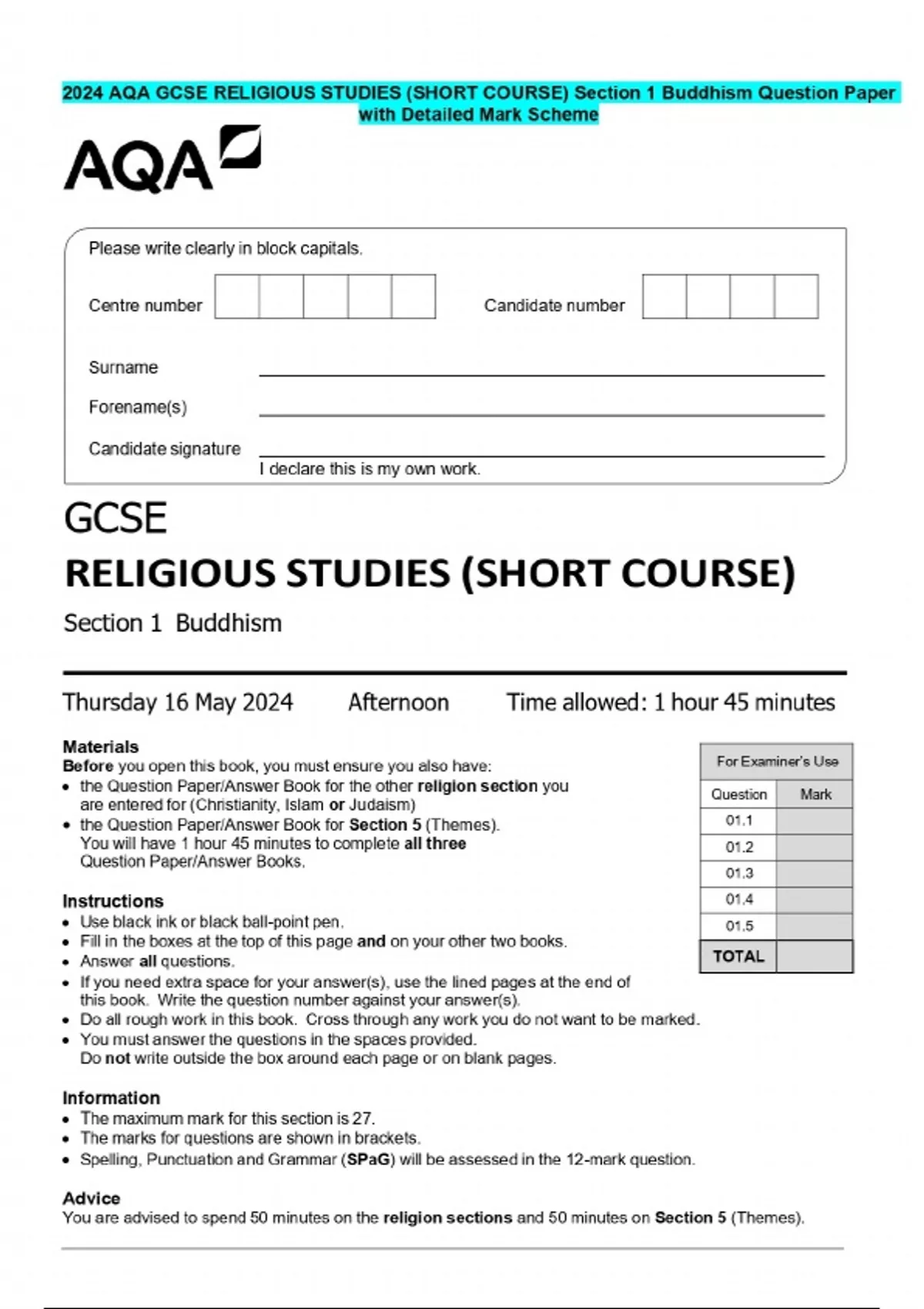 2024 AQA GCSE RELIGIOUS STUDIES (SHORT COURSE) Section 1 Buddhism Question Paper with Detailed ...