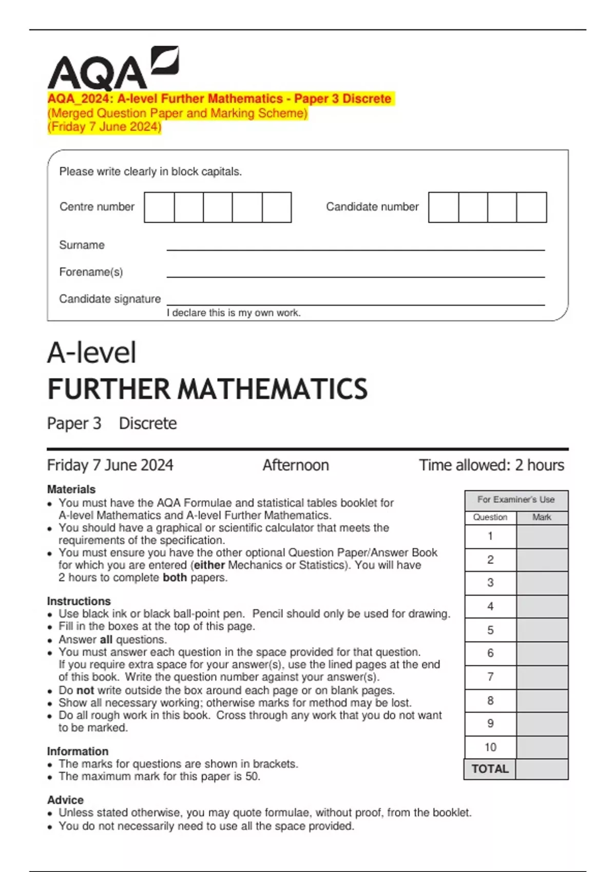AQA_2024: A-level Further Mathematics - Paper 3 Discrete (Merged ...