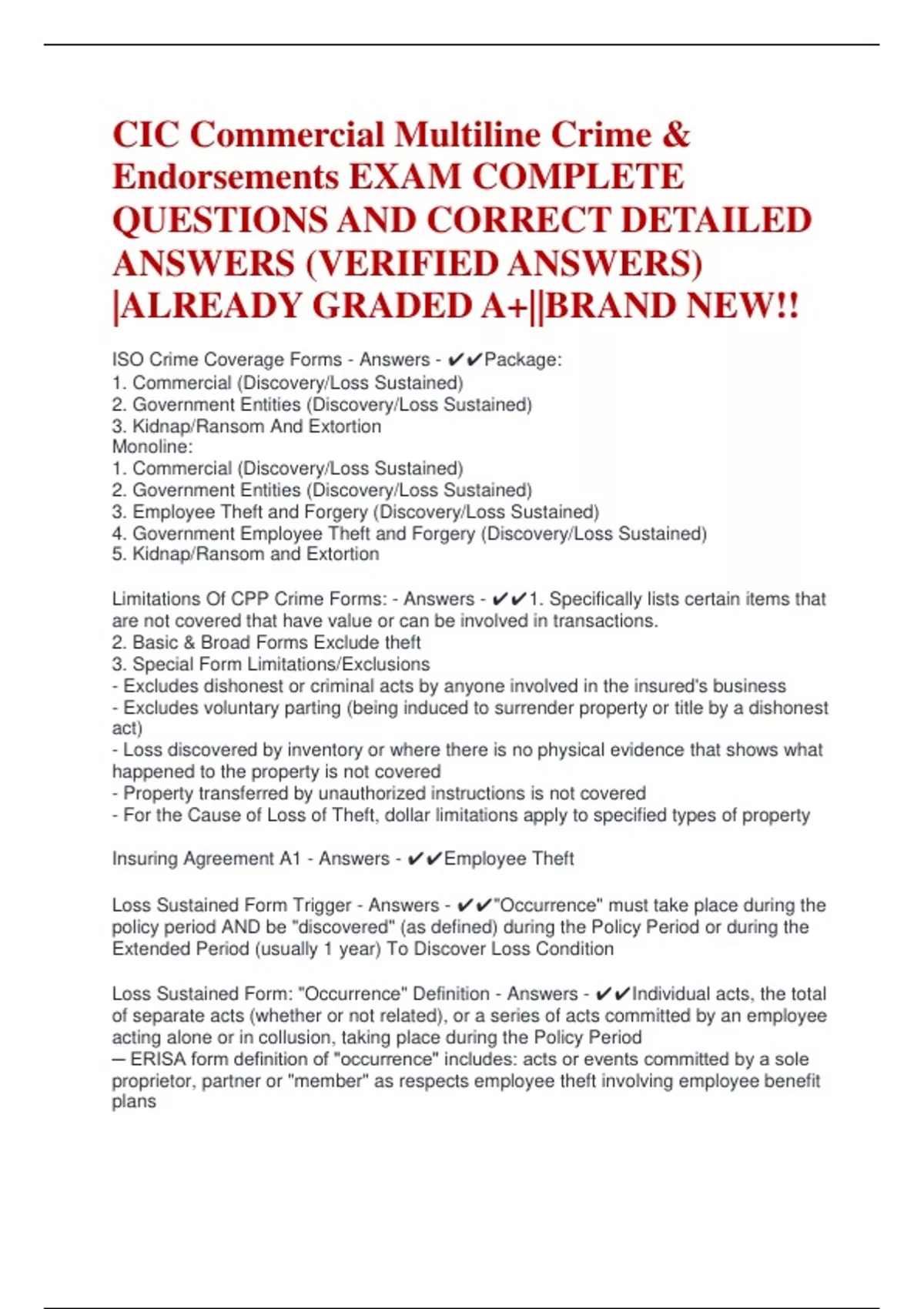 CIC Commercial Multiline Crime & Endorsements EXAM COMPLETE QUESTIONS ...