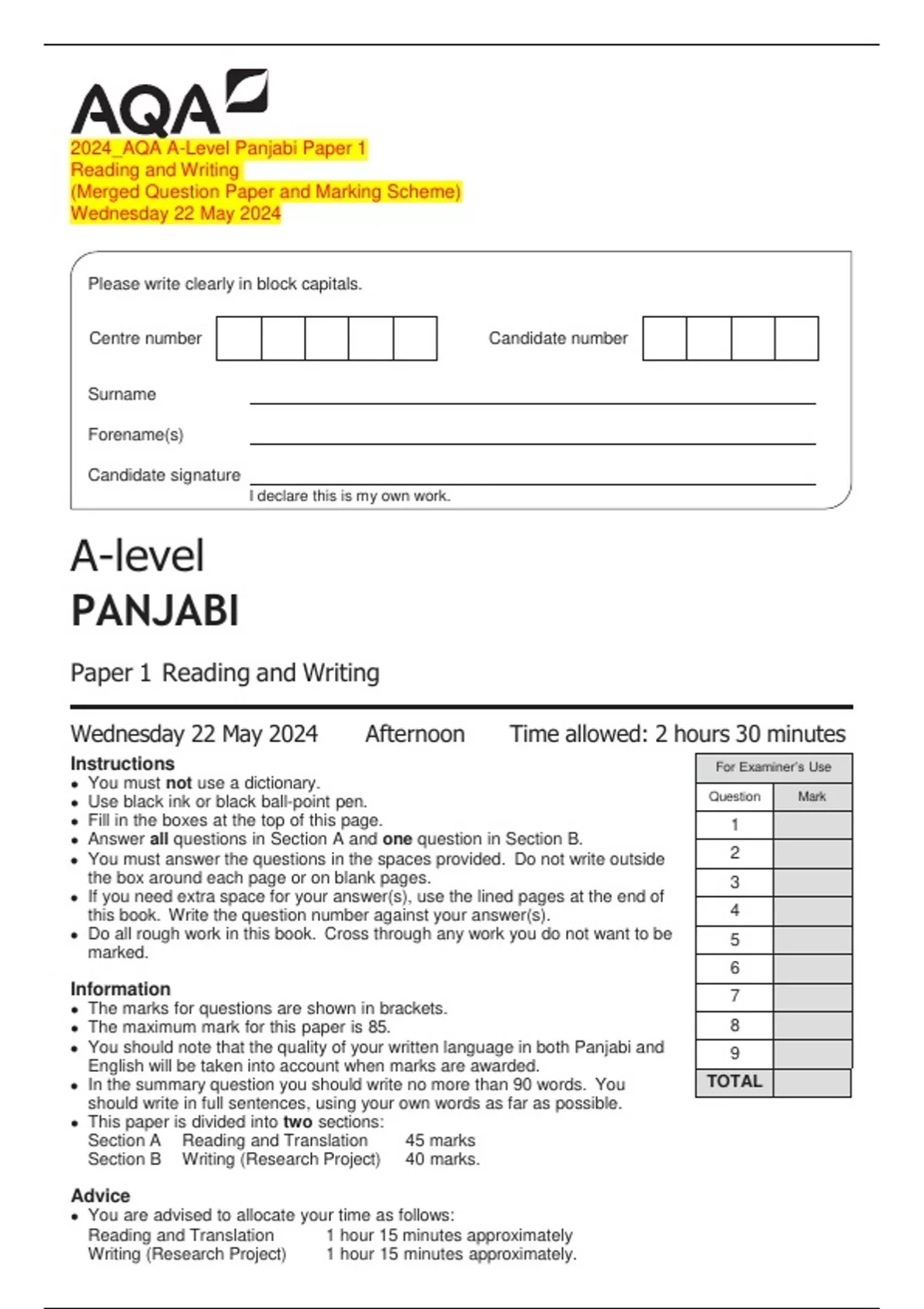 2024_AQA A-Level Panjabi Paper 1 Reading and Writing (Merged Question Paper and Marking Scheme ...