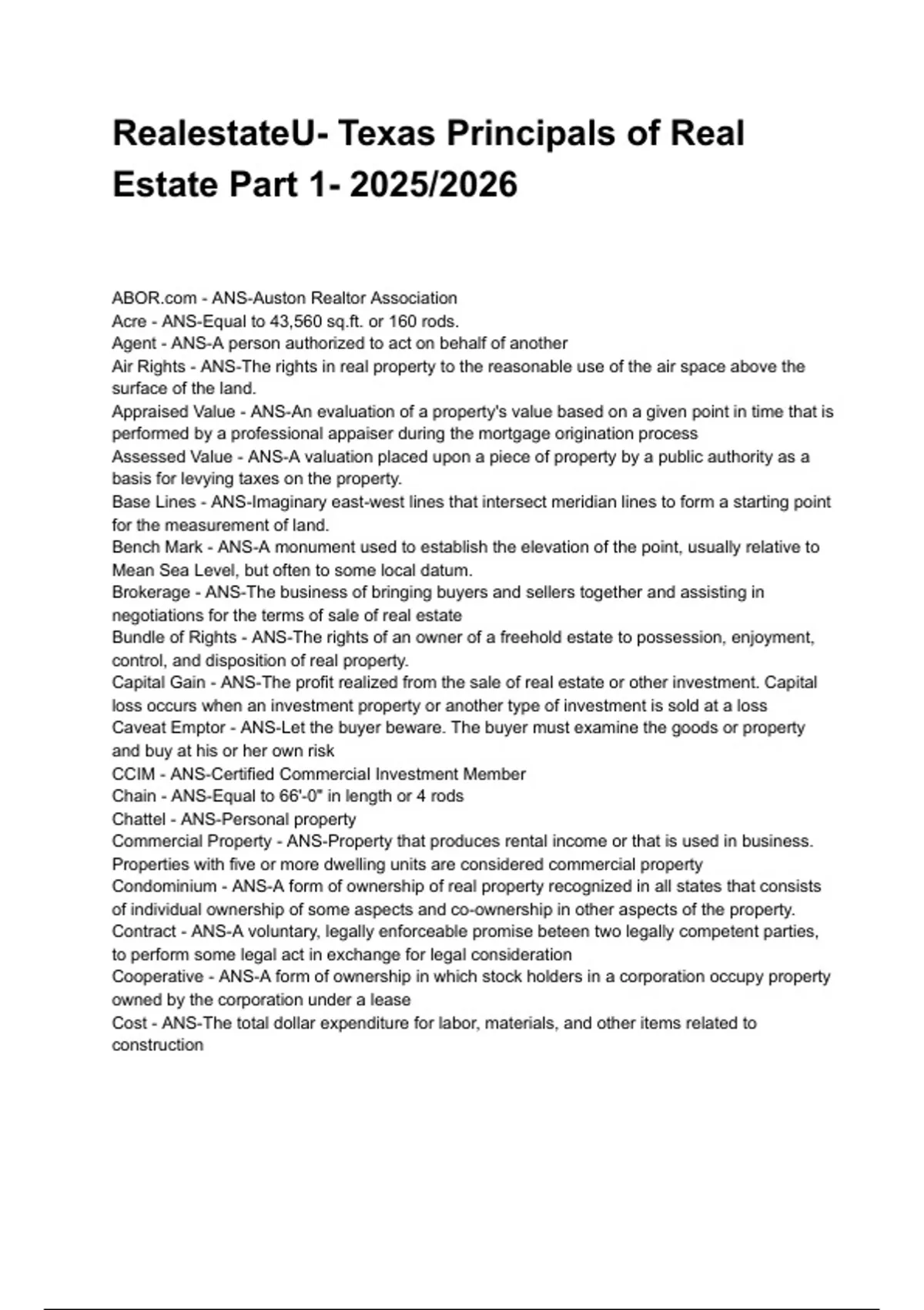 RealestateU- Texas Principals of Real Estate Part 1- 2025/2026 NEWEST ...