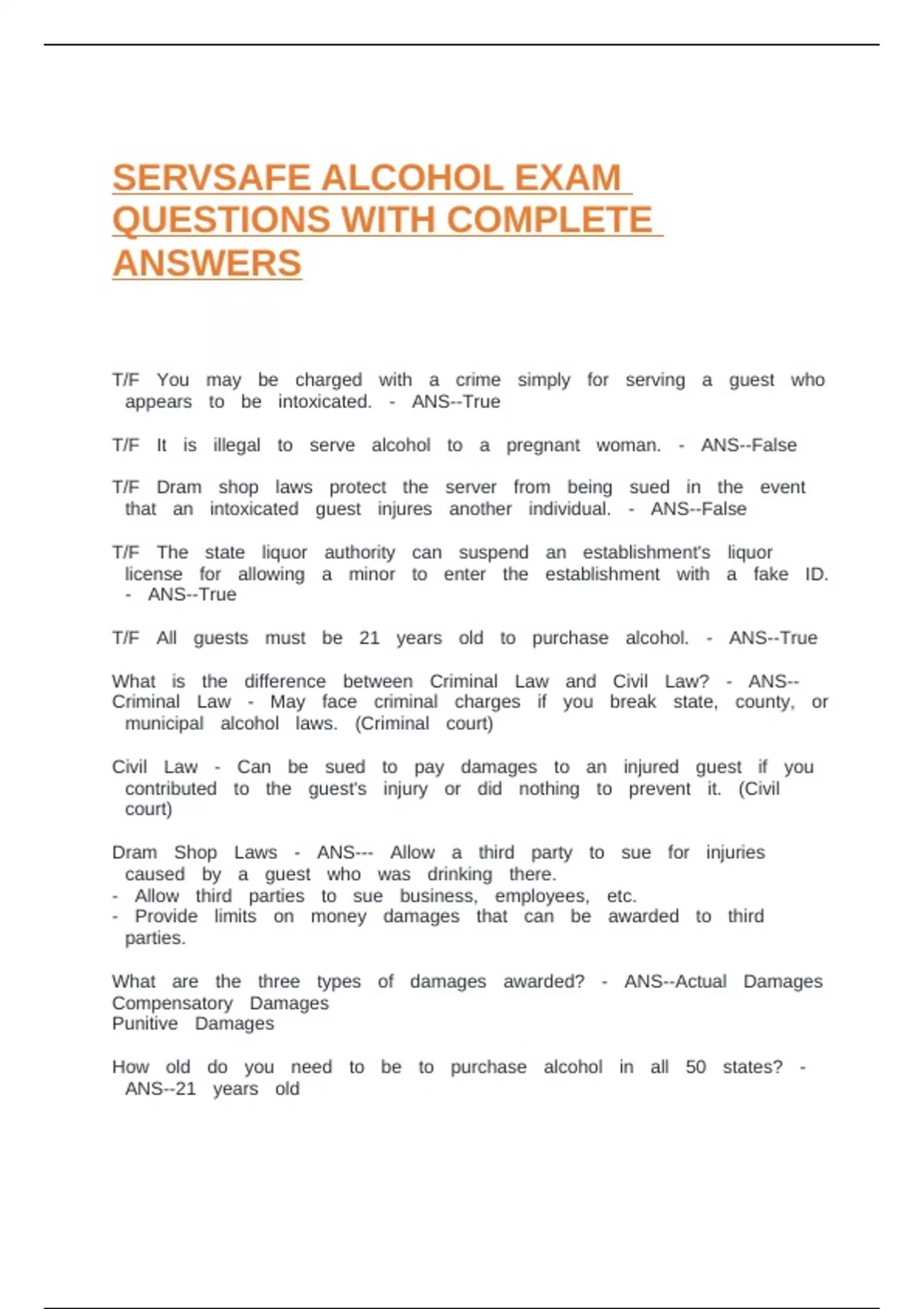 SERVSAFE ALCOHOL EXAM QUESTIONS WITH COMPLETE ANSWERS - RBS - Stuvia US