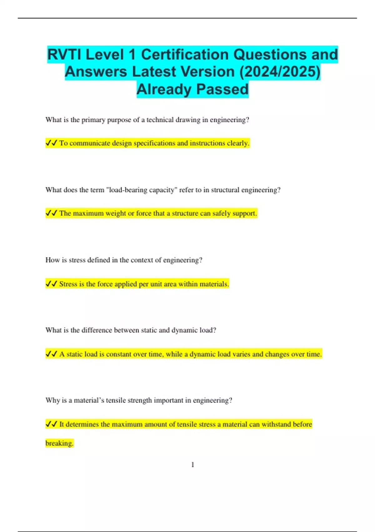 RVTI Level 1 Certification Questions and Answers Latest Version (2024/ ...