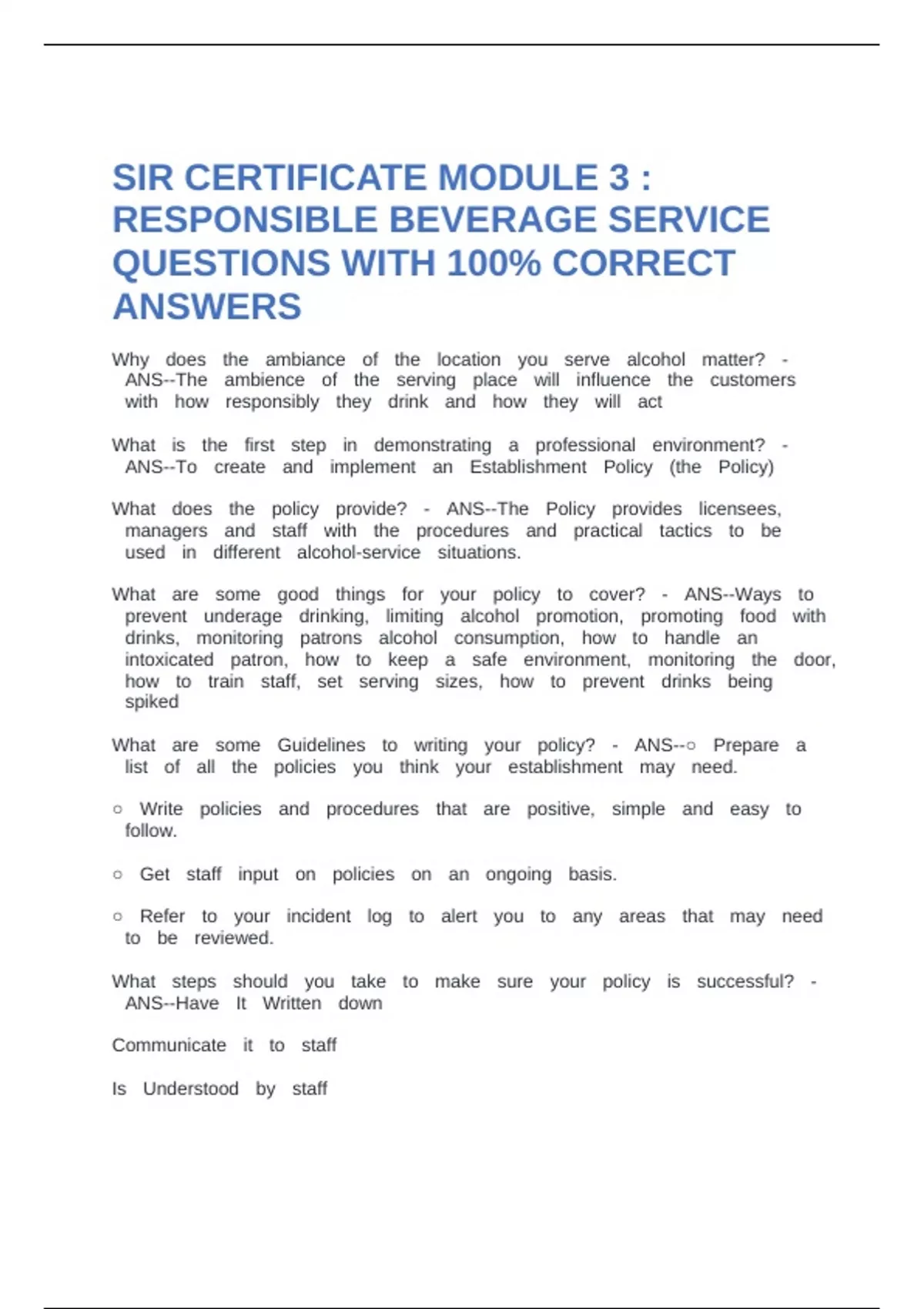 SERVSAFE ALCOHOL EXAM QUESTIONS WITH COMPLETE ANSWERS - RBS - Stuvia US