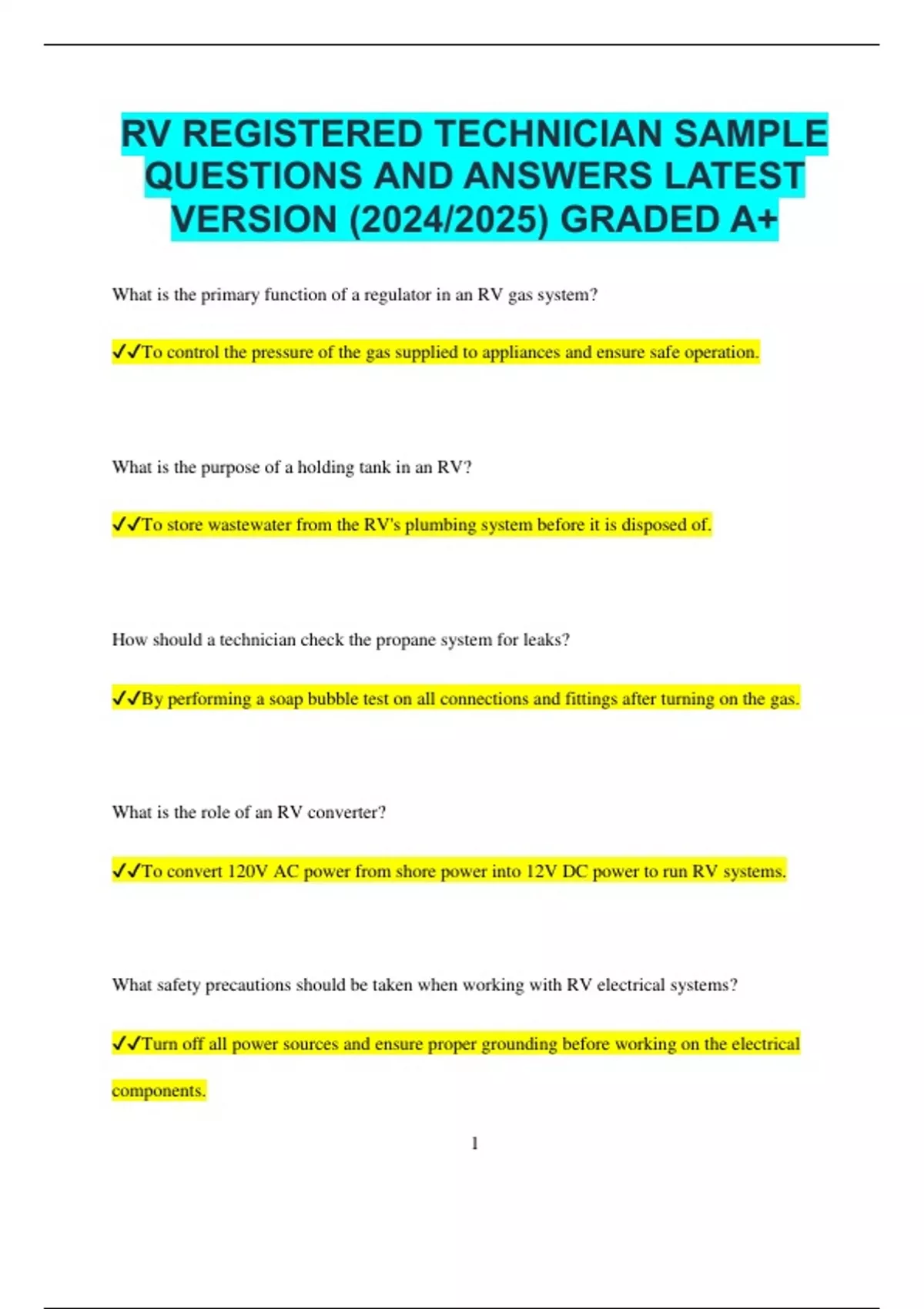 RV REGISTERED TECHNICIAN SAMPLE QUESTIONS AND ANSWERS LATEST VERSION ...