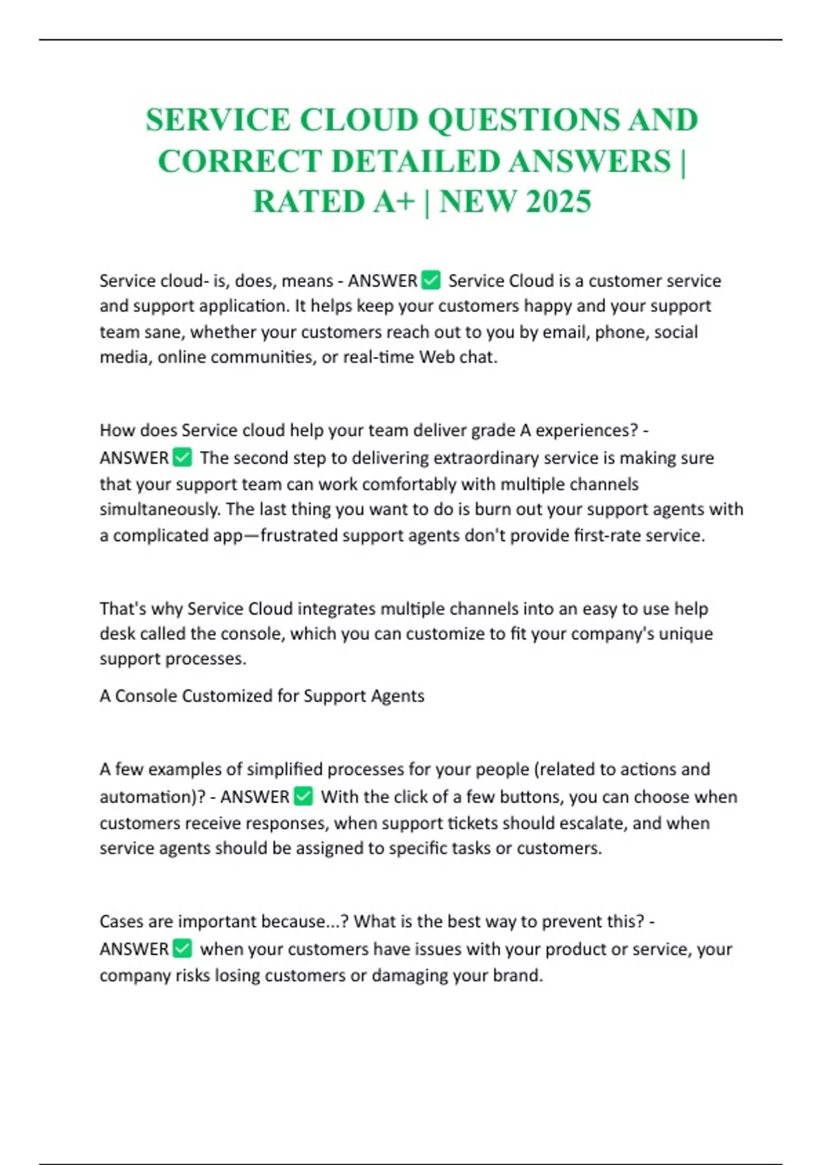 SERVICE CLOUD QUESTIONS AND CORRECT DETAILED ANSWERS | RATED A+ | NEW ...