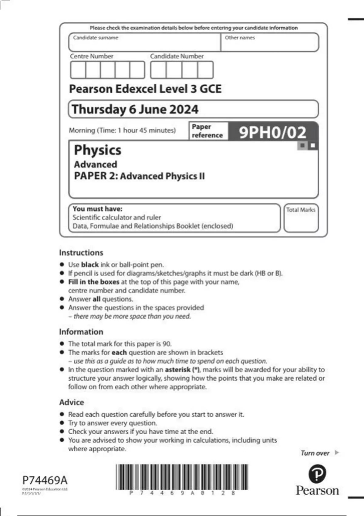 PEARSON EDEXCEL ADVANCED PHYSICS PAPER 2 JUNE 2024 FINAL QUESTION PAPER ...