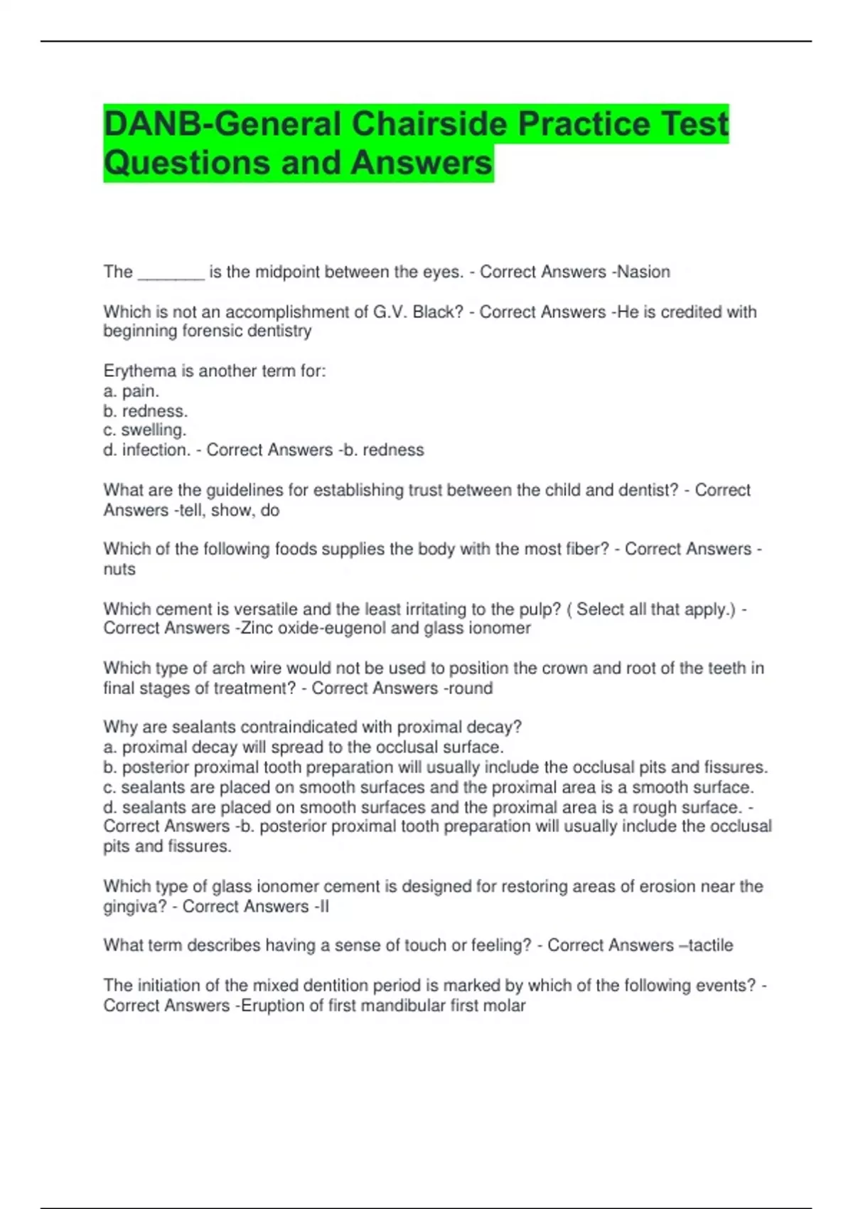 DANB-General Chairside Practice Test Questions and Answers - Chairside ...