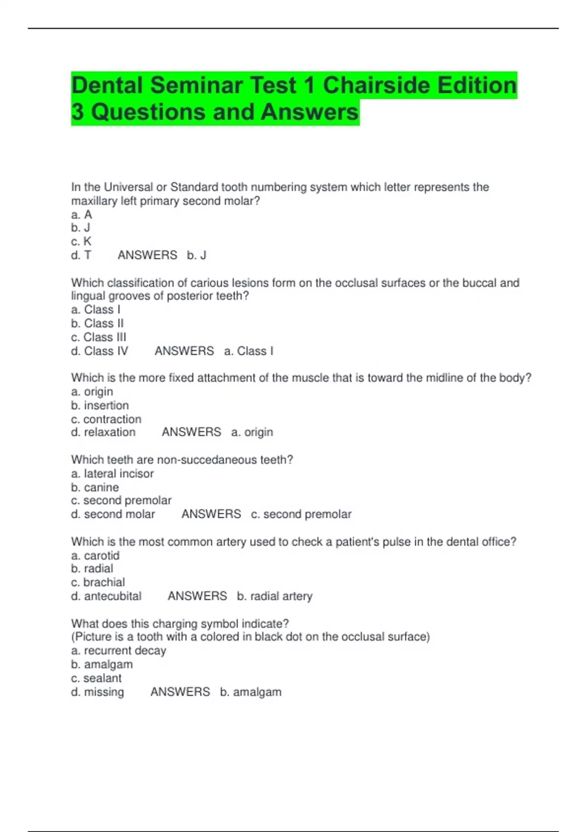 Dental Seminar Test 1 Chairside Edition 3 Questions and Answers ...