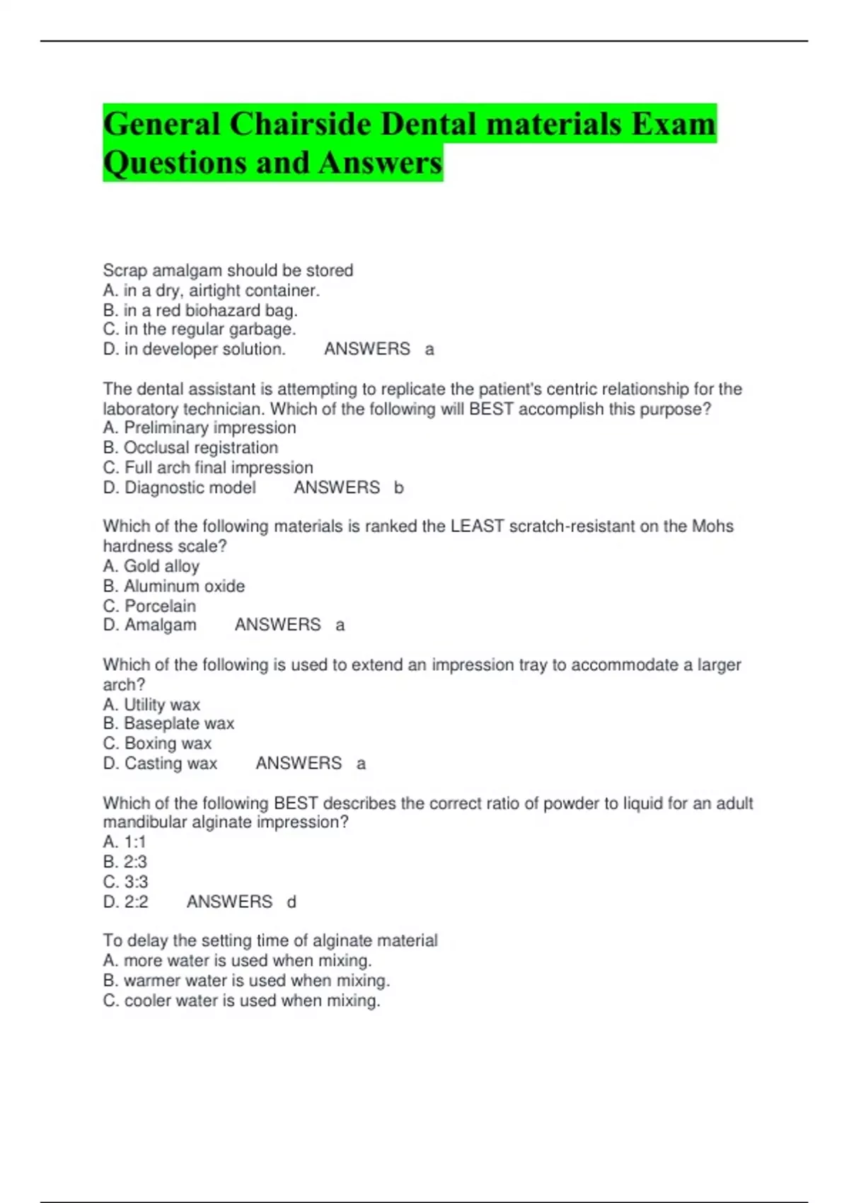 General Chairside Dental materials Exam Questions and Answers ...