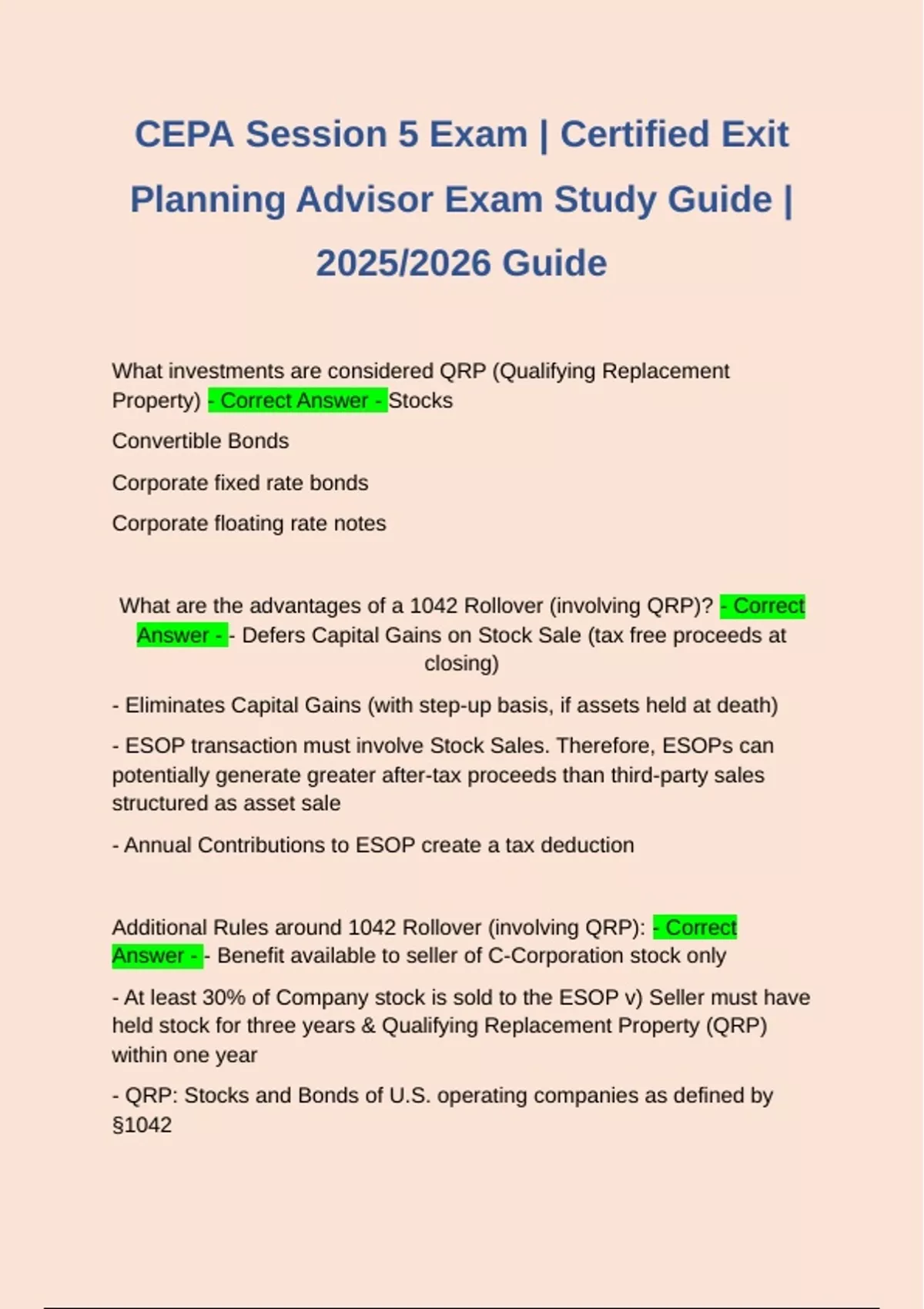 CEPA Session 5 Exam | Certified Exit Planning Advisor Exam Study Guide ...