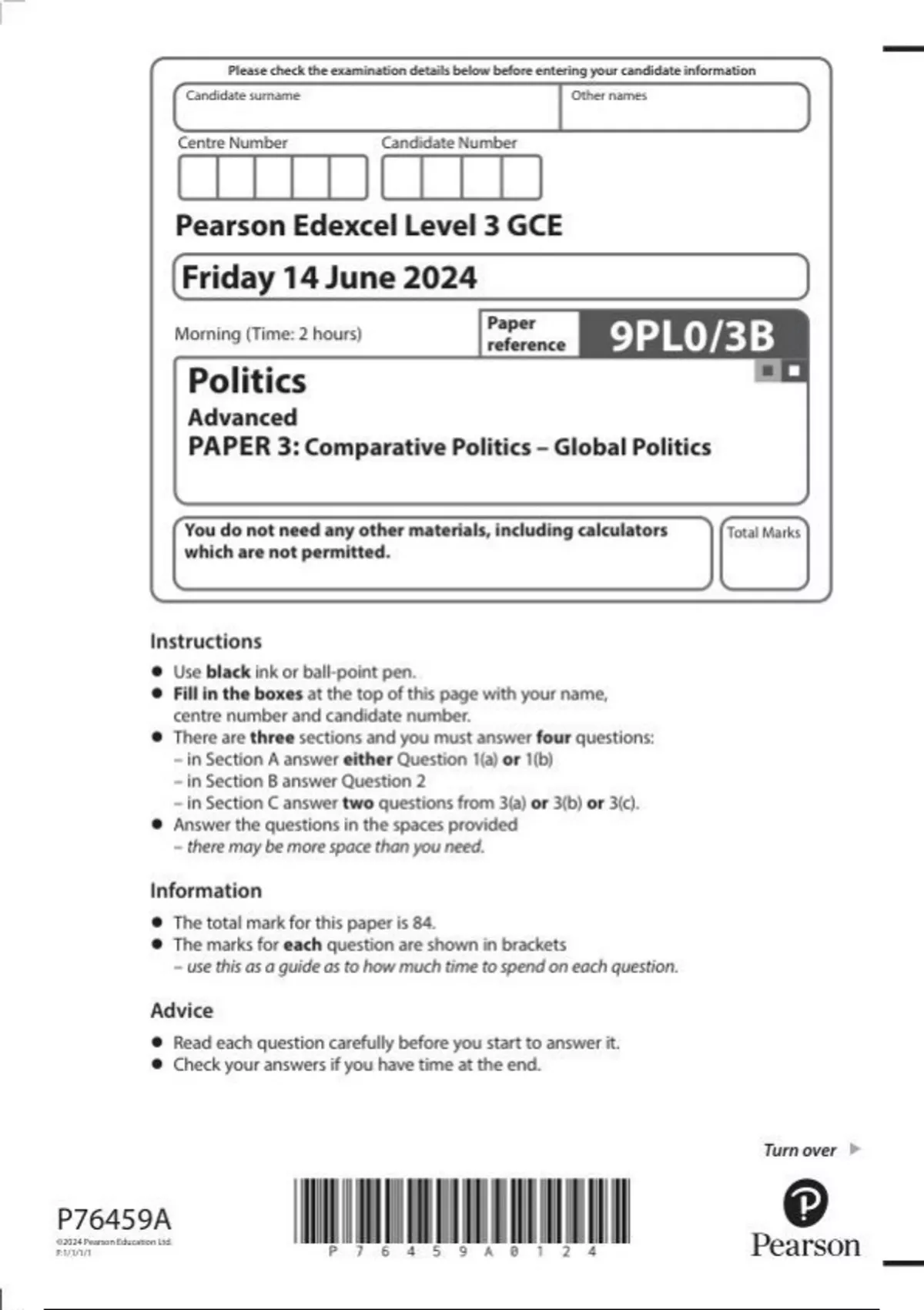 PEARSON EDEXCEL ADVANCED POLITICS PAPER 3B JUNE 2024 FINAL QUESTION ...