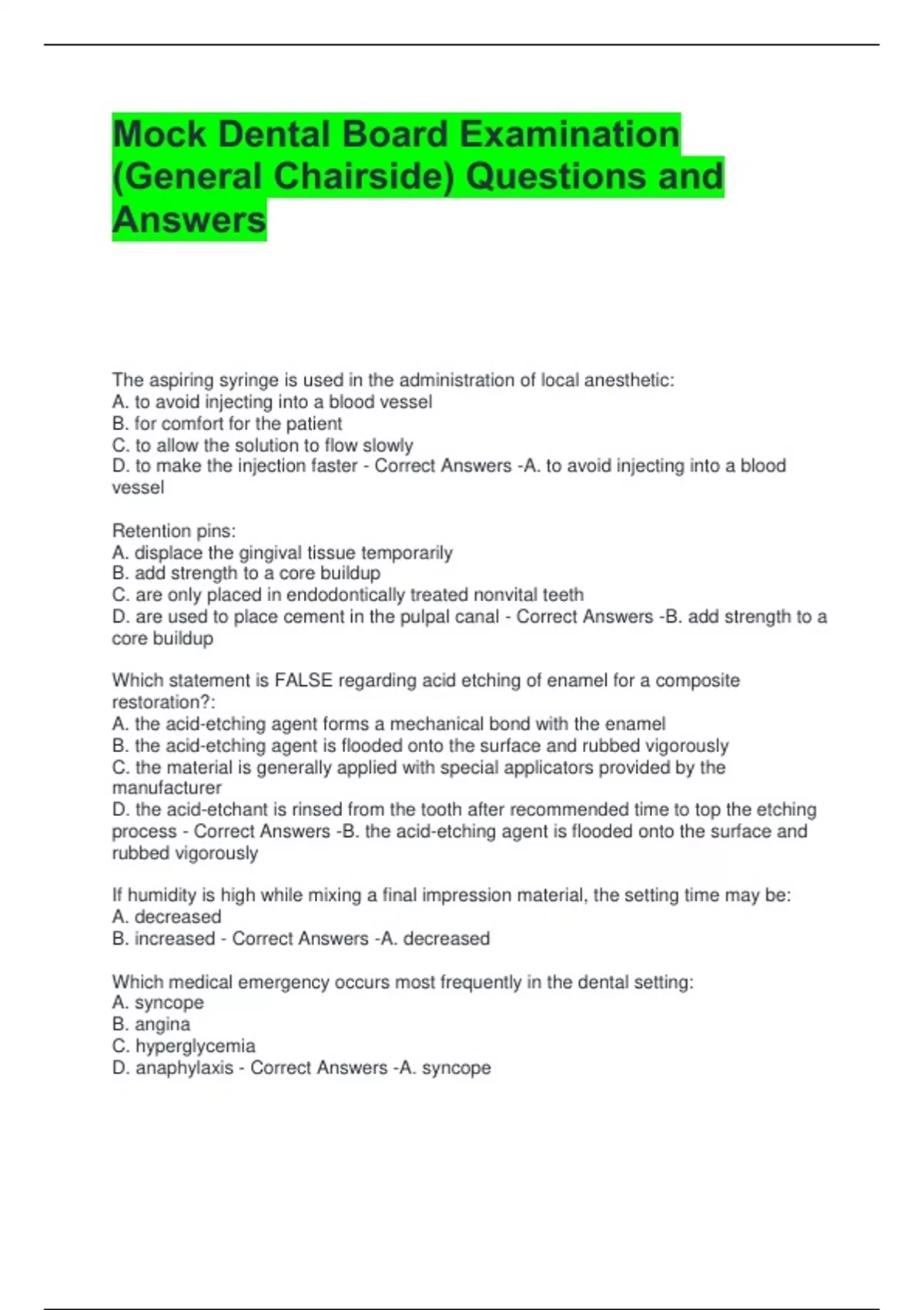 Mock Dental Board Examination (General Chairside) Questions and Answers ...