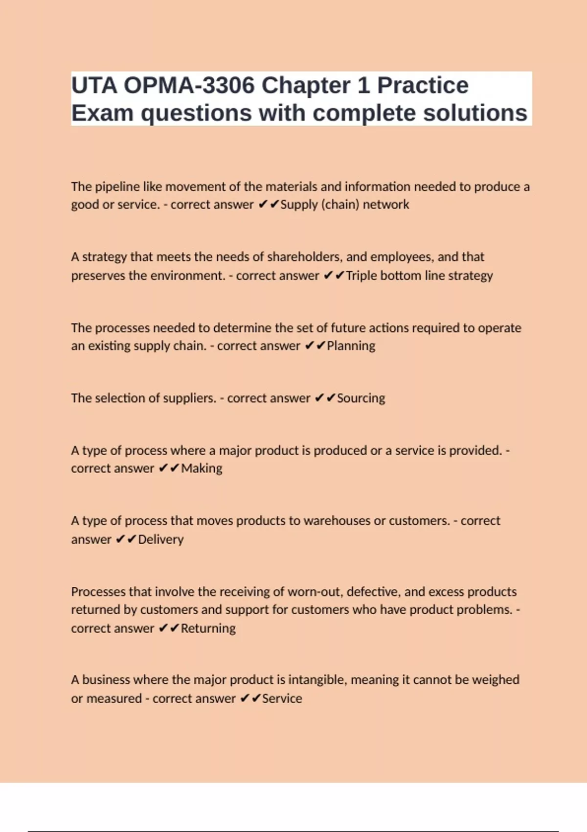 UTA OPMA-3306 Chapter 1 Practice Exam questions with complete solutions ...