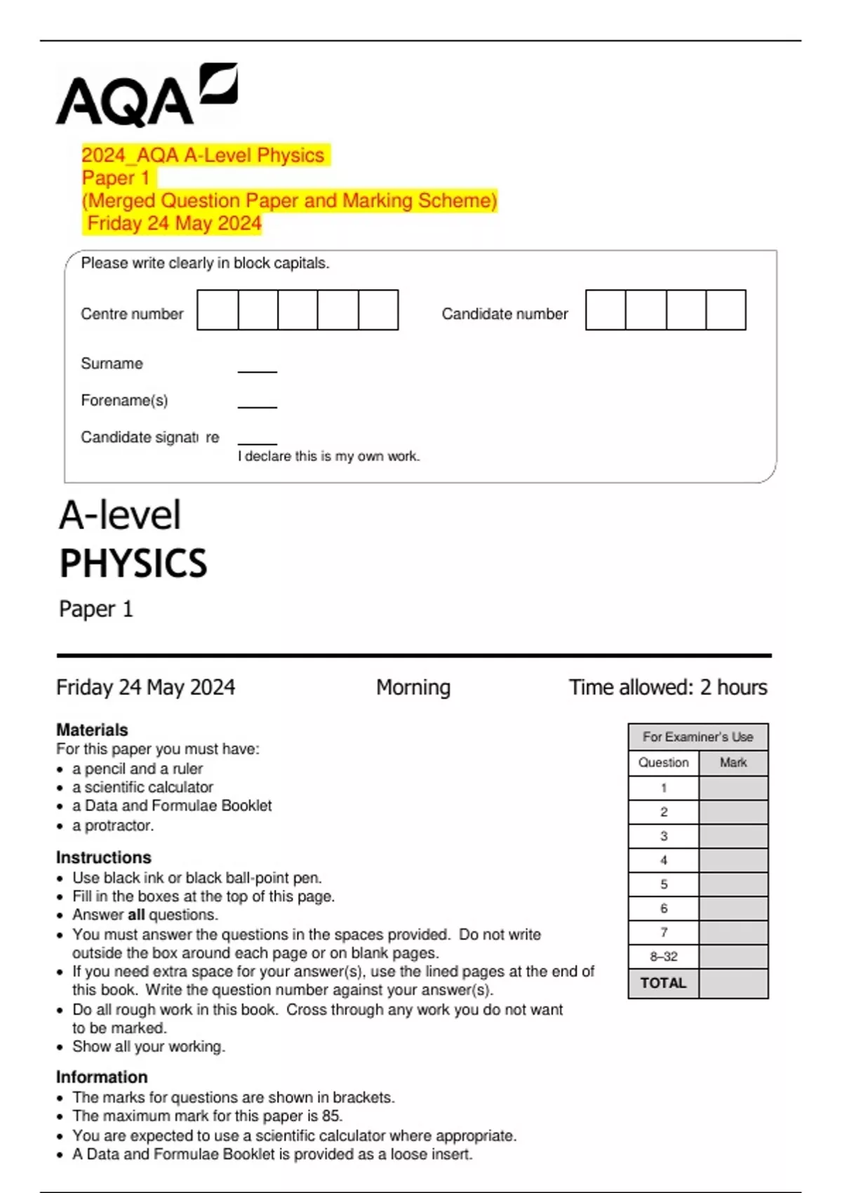 2024_AQA A-Level Physics Paper 1 (Merged Question Paper and Marking ...