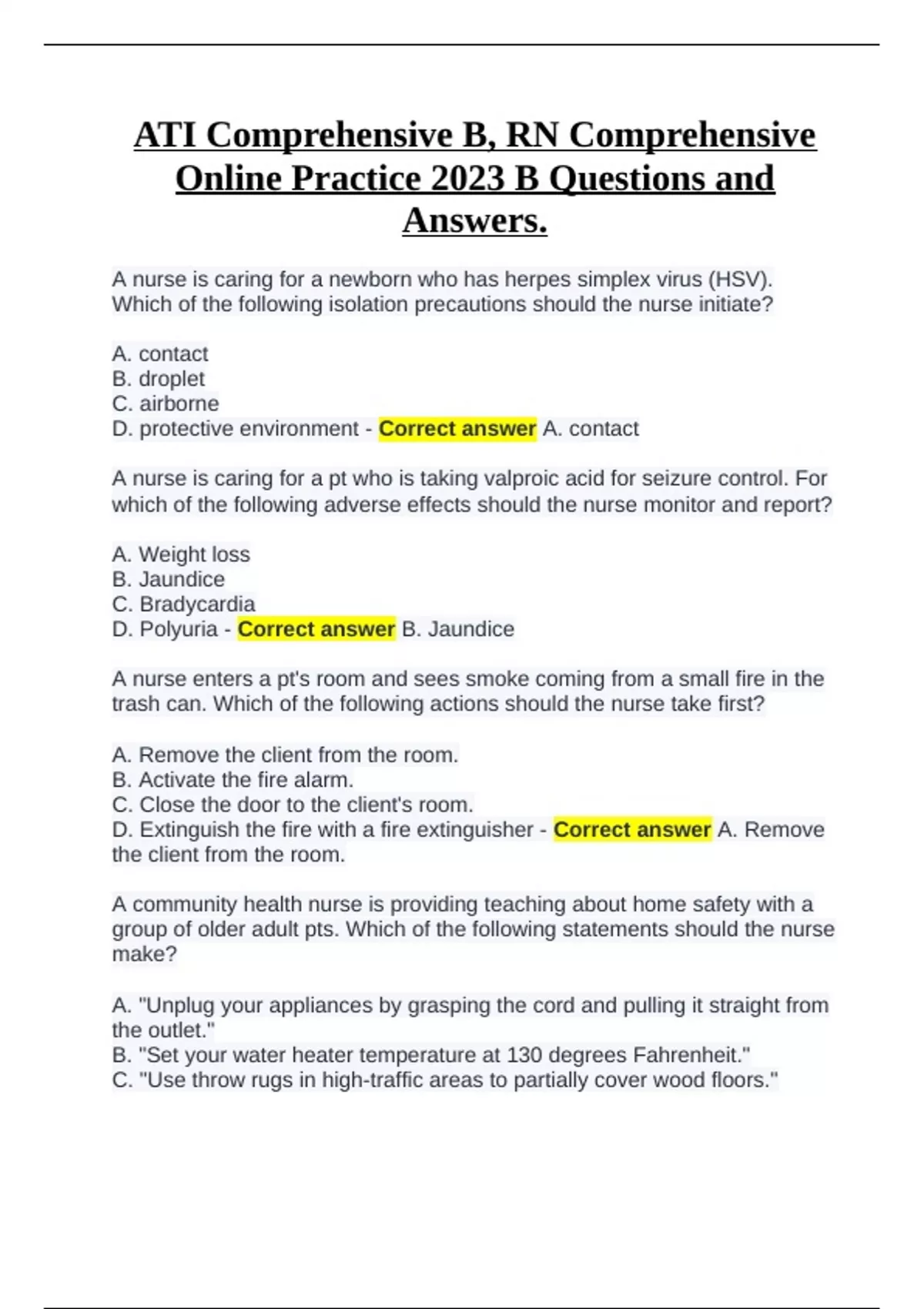 ATI Comprehensive B, RN Comprehensive Online Practice 2023 B Questions and Answers. - RN nursing ...