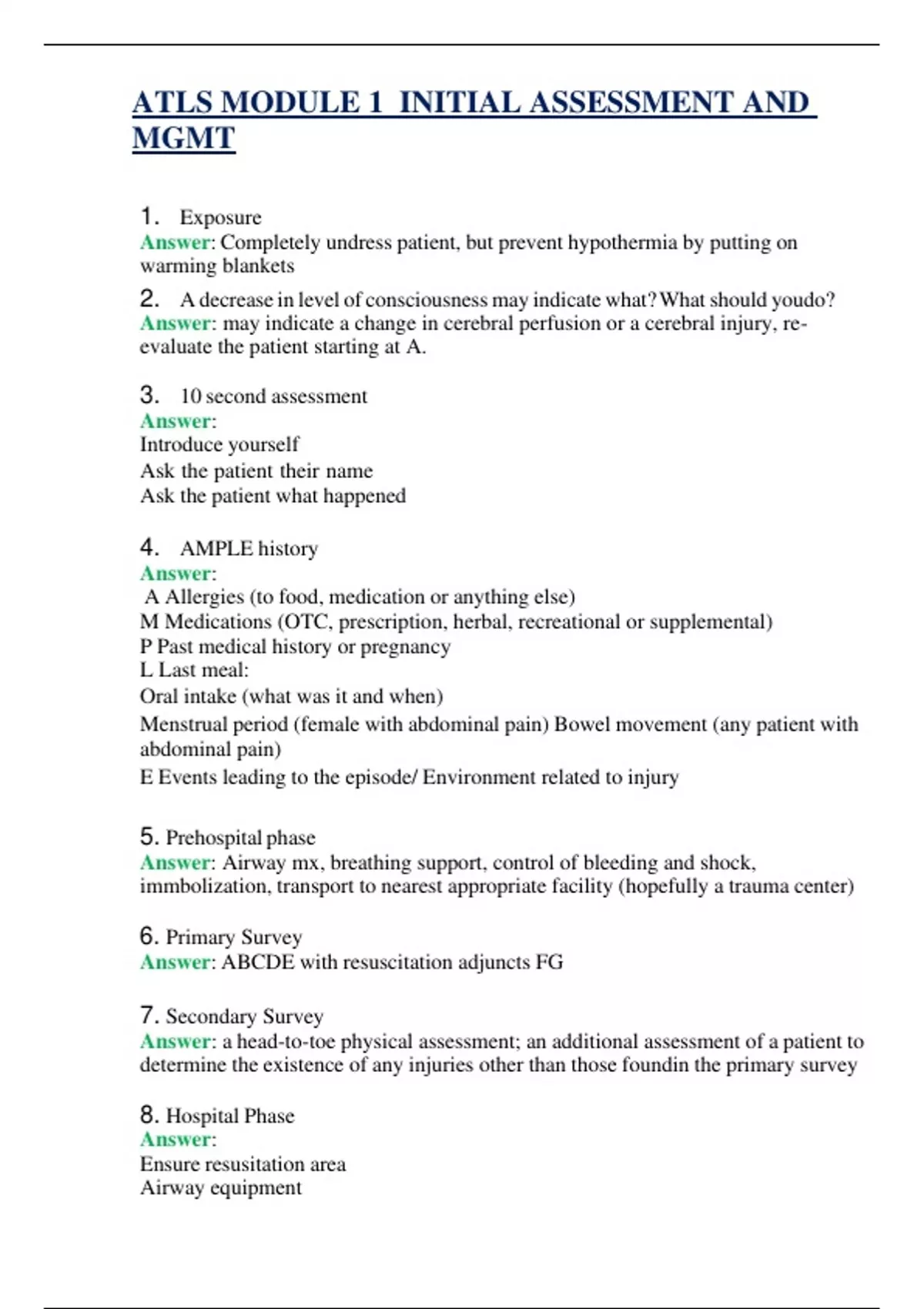 ATLS MODULE 1 INITIAL ASSESSMENT AND MGMT ( UPDATED 2025 ) | QUESTIONS ...
