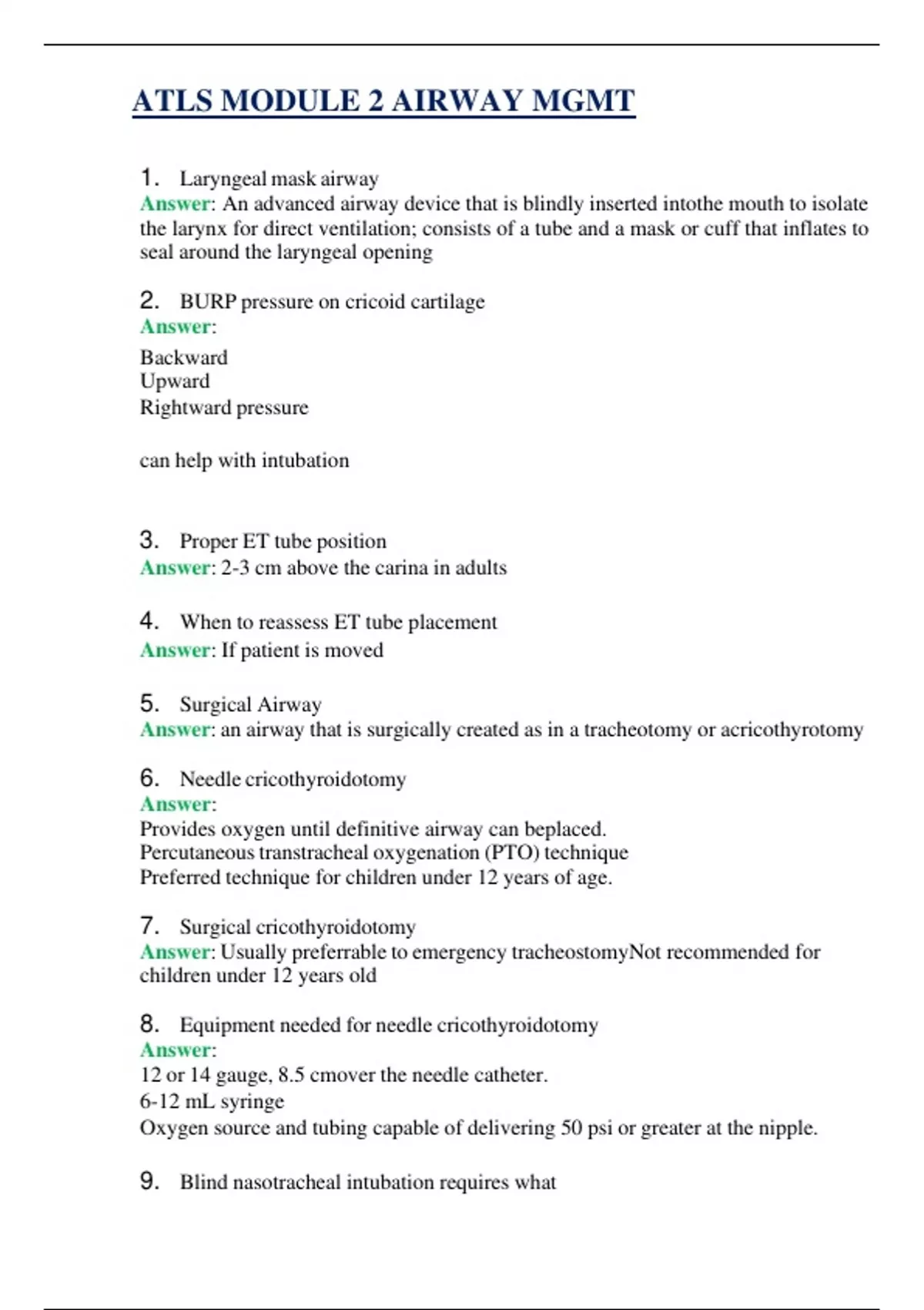 ATLS MODULE 2 AIRWAY MGMT ( UPDATED 2025 ) | QUESTIONS WITH 100% VERIFIED ANSWERS AND ...