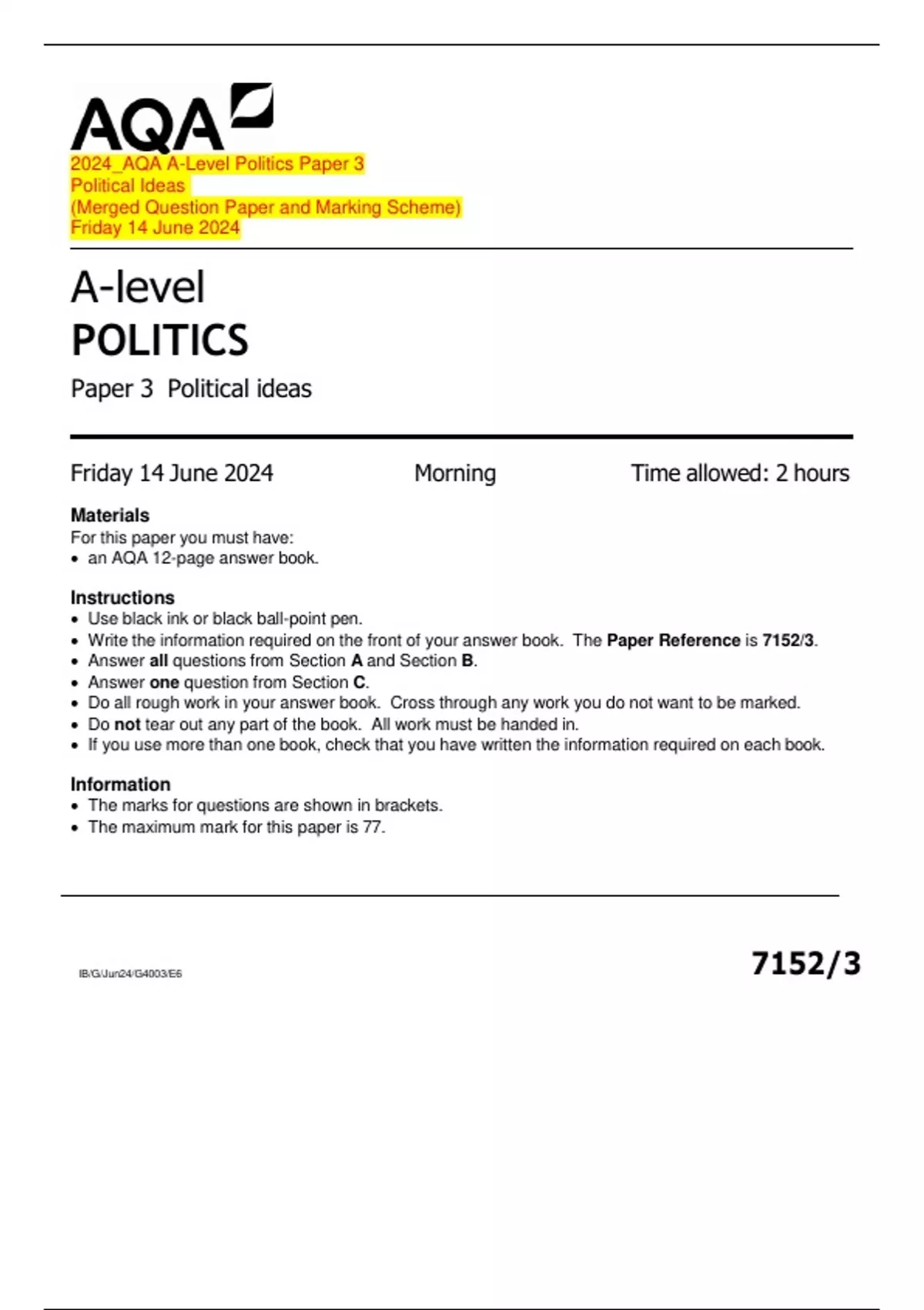 2024_AQA A-Level Politics Paper 3 Political Ideas (Merged Question ...