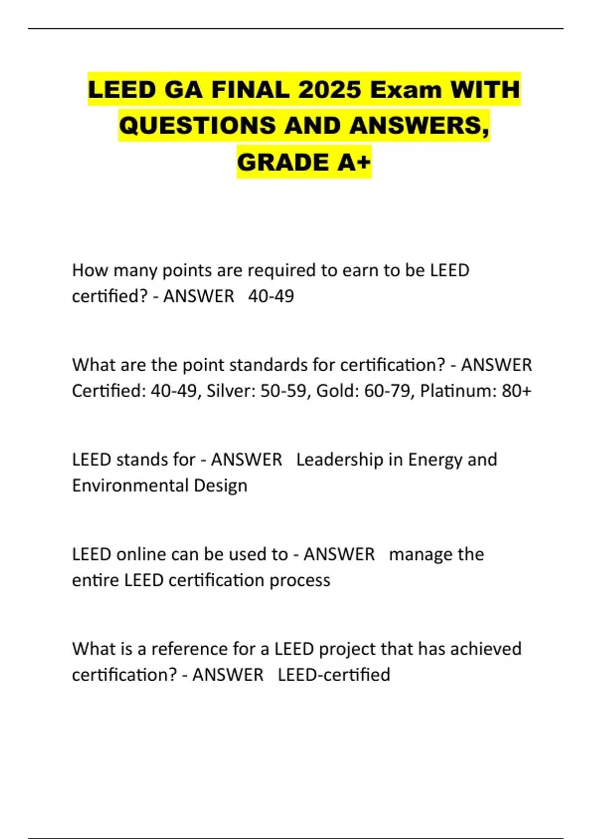 LEED GA FINAL 2025 Exam WITH QUESTIONS AND ANSWERS, GRADE A+ - LEED GA - Stuvia US