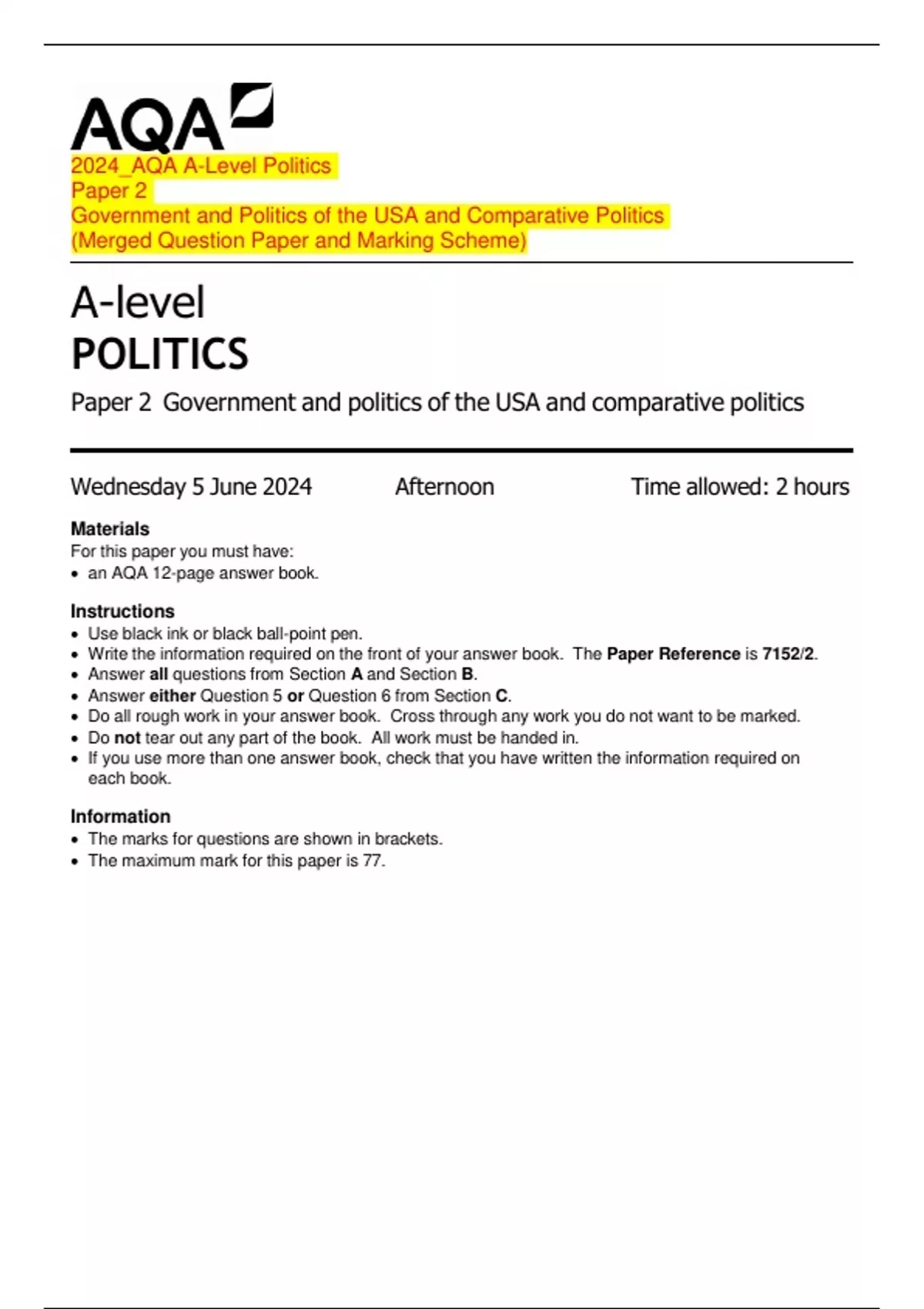 2024_AQA A-Level Politics Paper 2 Government and Politics of the USA ...