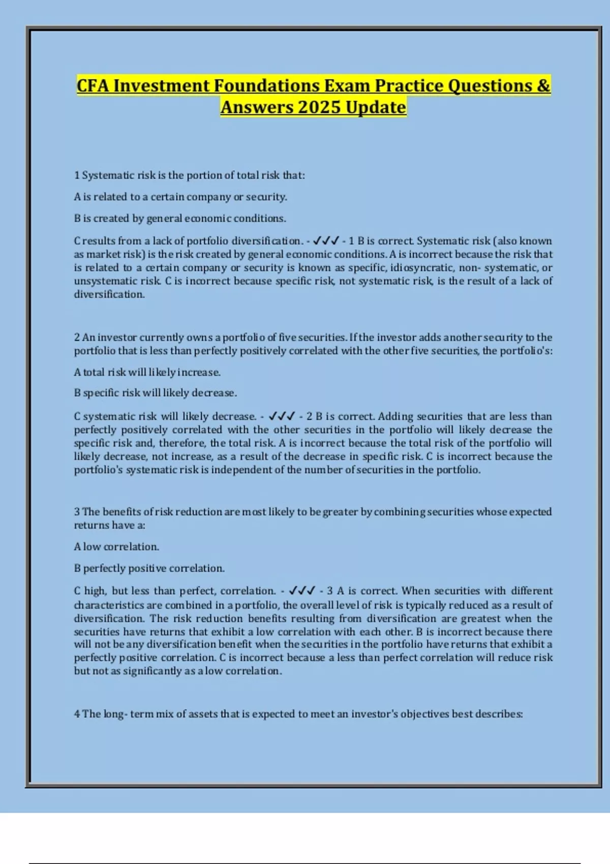 CFA Investment Foundations Exam Practice Questions & Answers 2025 ...
