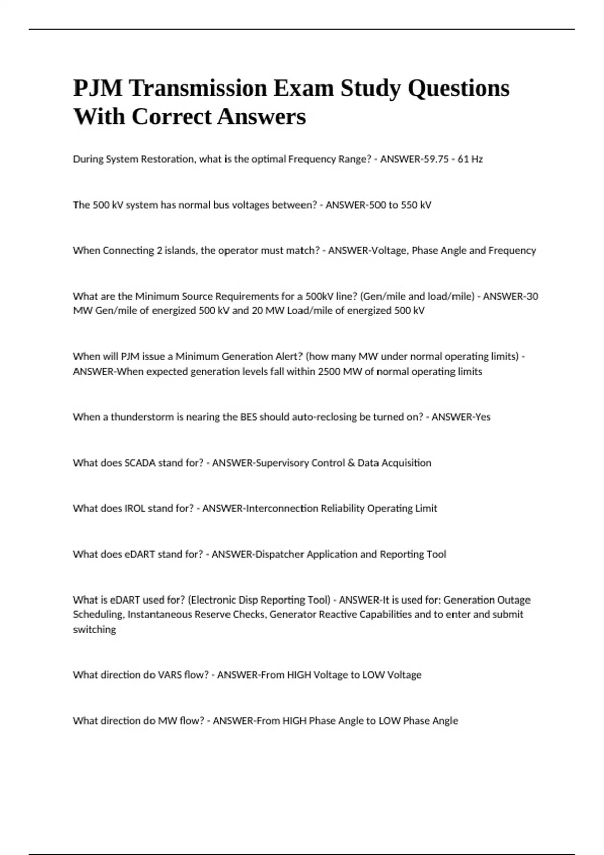 PJM Transmission Exam Study Questions With Correct Answers - PJM ...