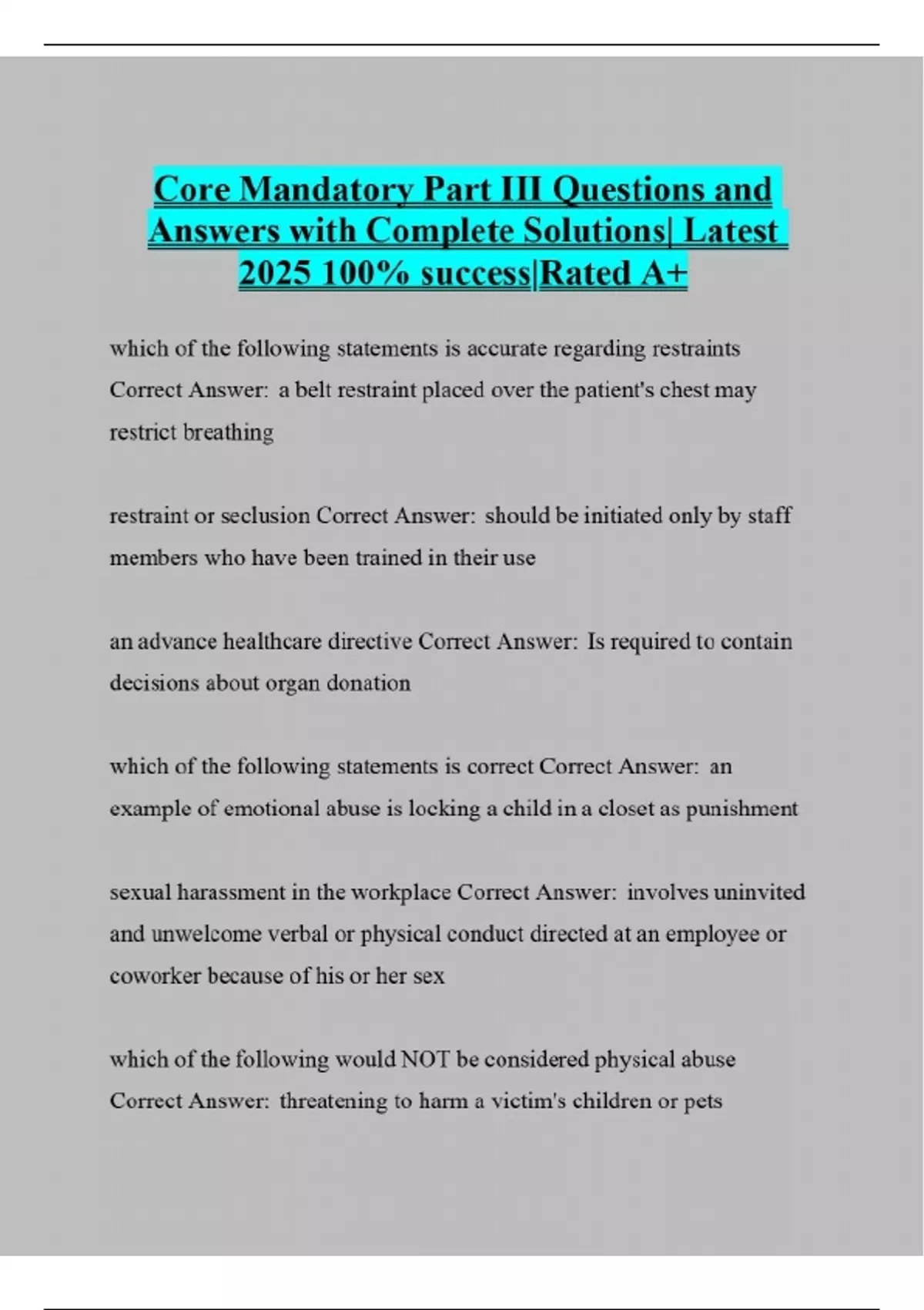 Core Mandatory Part III Questions and Answers with Complete Solutions ...