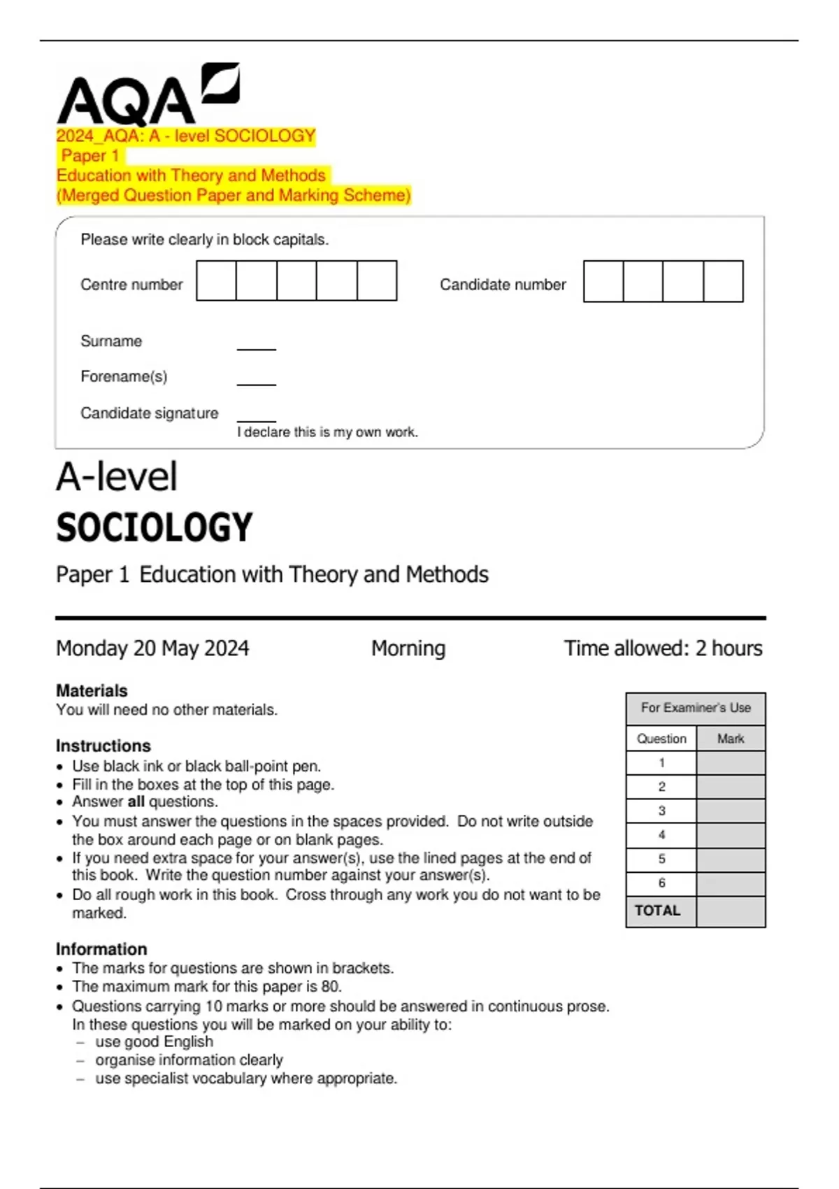 2024_AQA: A - level SOCIOLOGY Paper 1 Education with Theory and Methods (Merged Question Paper ...