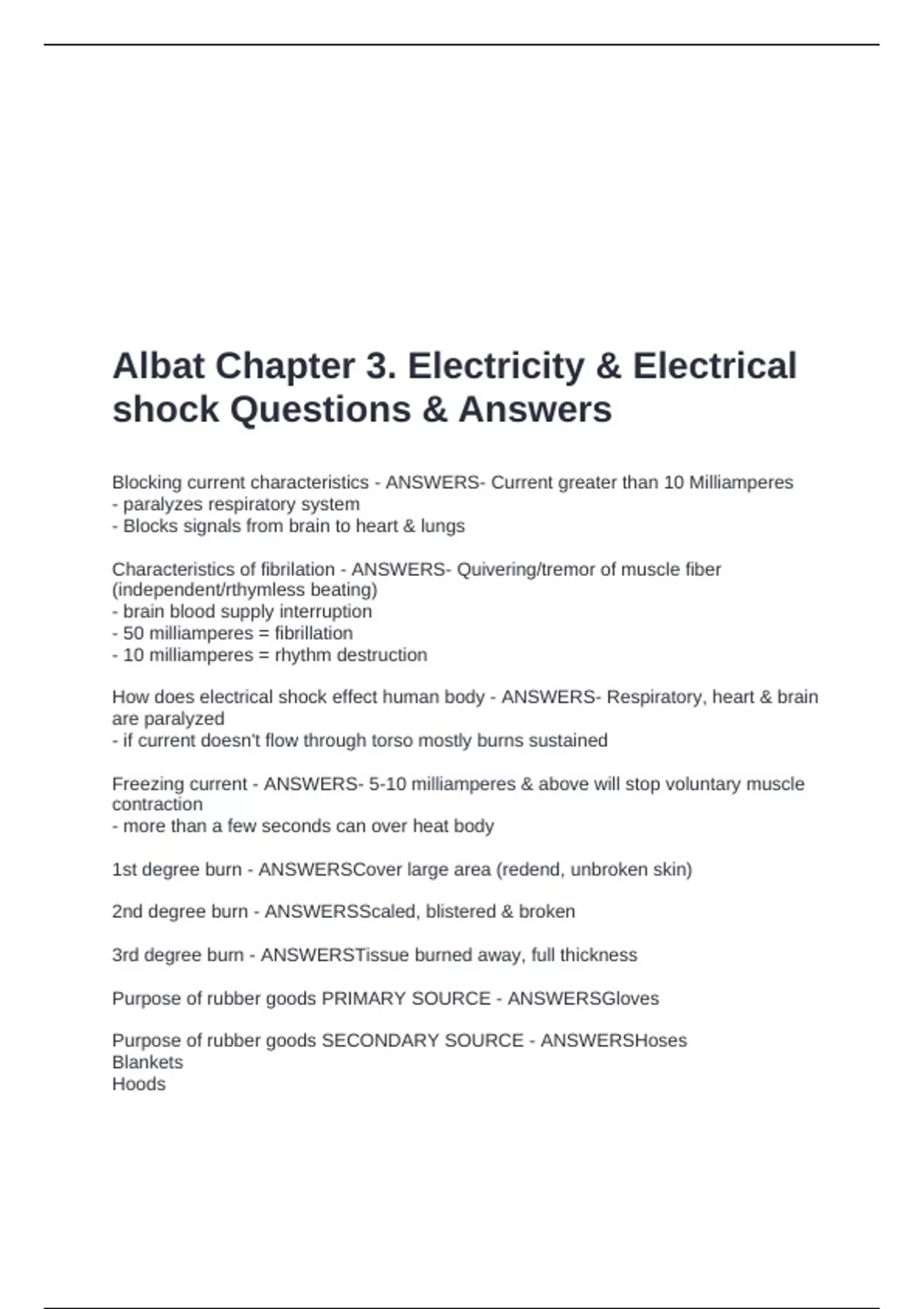 Albat Chapter 3. Electricity & Electrical shock Questions & Answers ...