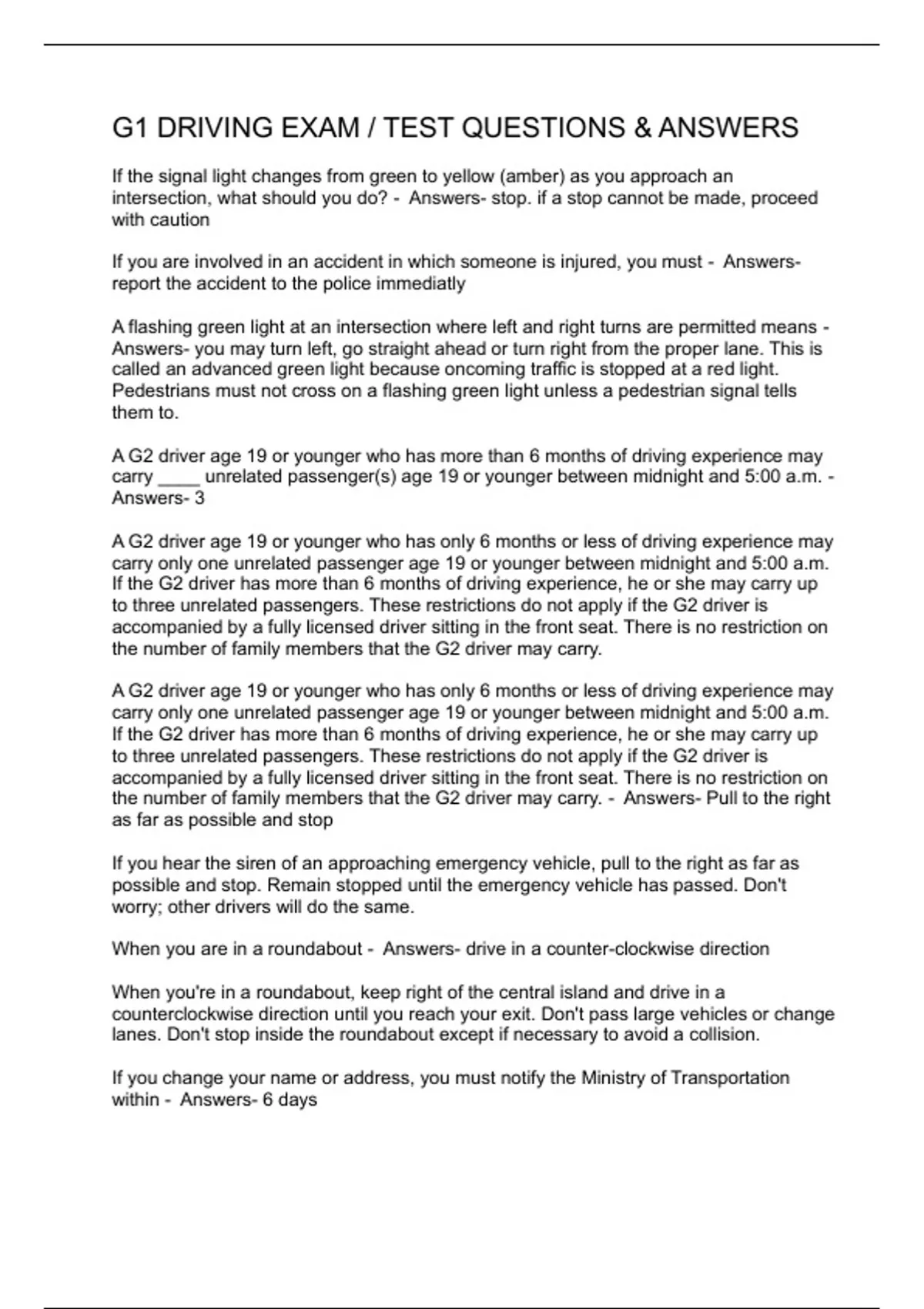 G1 DRIVING EXAM - TEST QUESTIONS & ANSWERS - G1 . - Stuvia UK