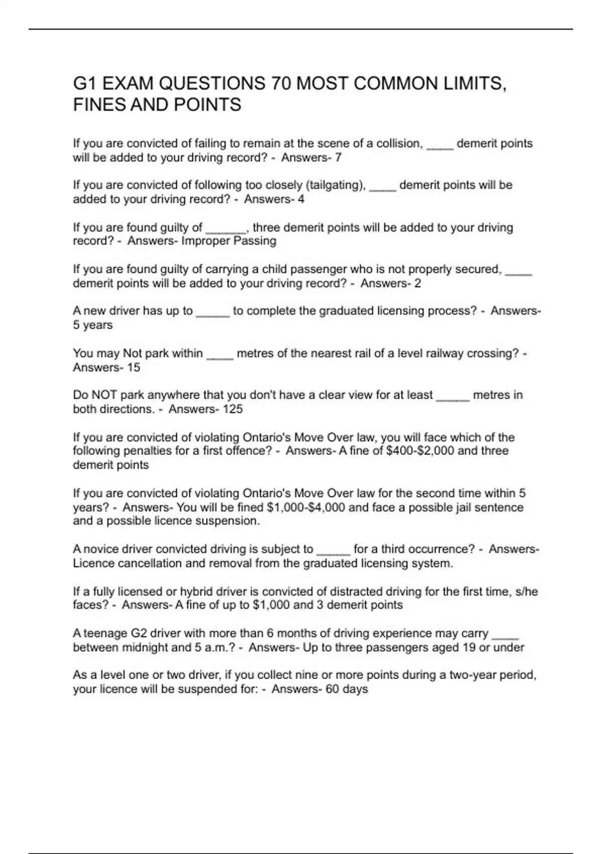 G1 EXAM QUESTIONS 70 MOST COMMON LIMITS, FINES AND POINTS - G1 . - Stuvia US