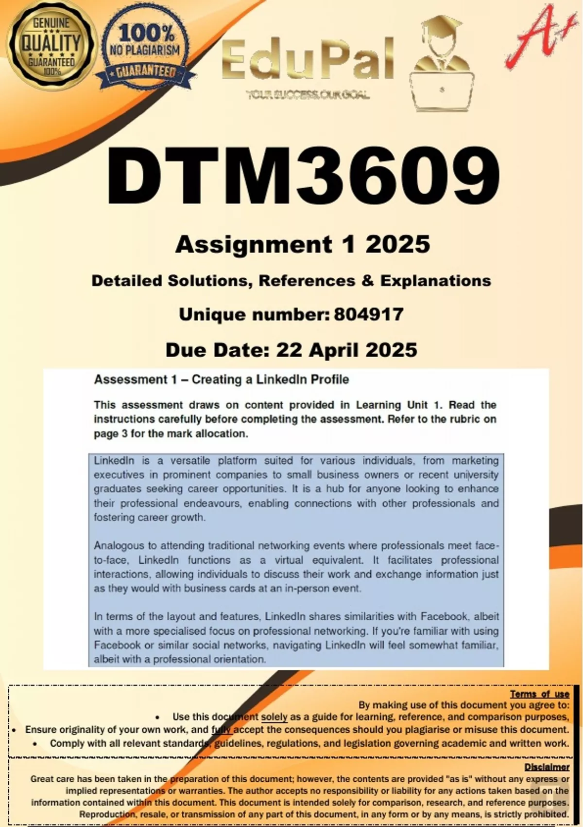 DTM3609 Assignment 1 (COMPLETE ANSWERS) 2025 (804917) - DUE 22 April ...
