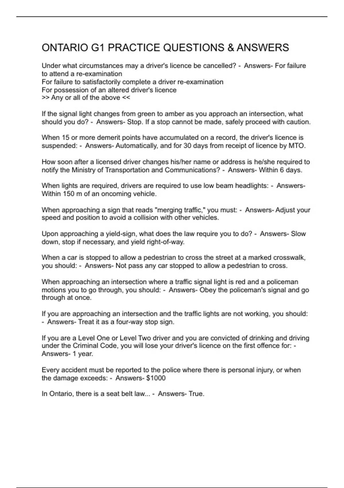 ONTARIO G1 PRACTICE QUESTIONS & ANSWERS - G1 . - Stuvia US