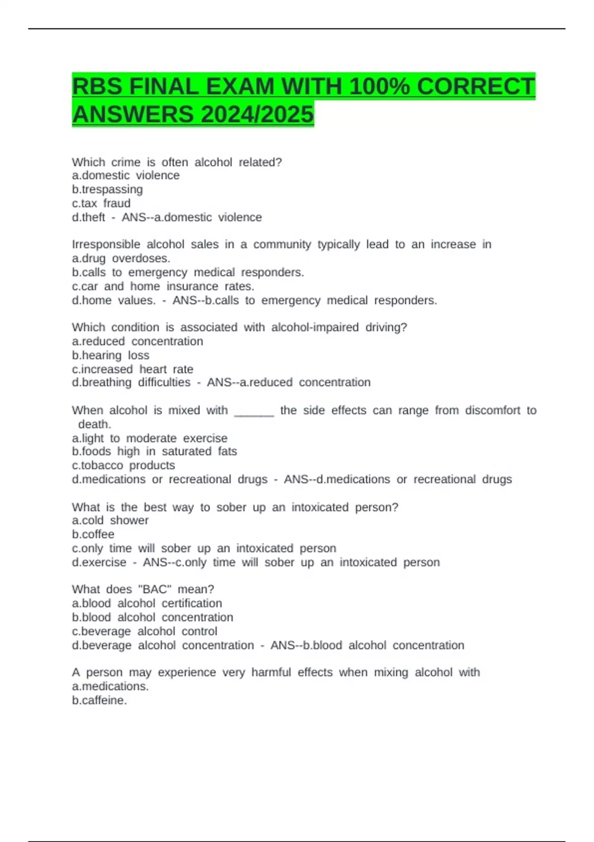 RBS FINAL EXAM WITH 100% CORRECT ANSWERS 2024/2025 - RBS - Stuvia US