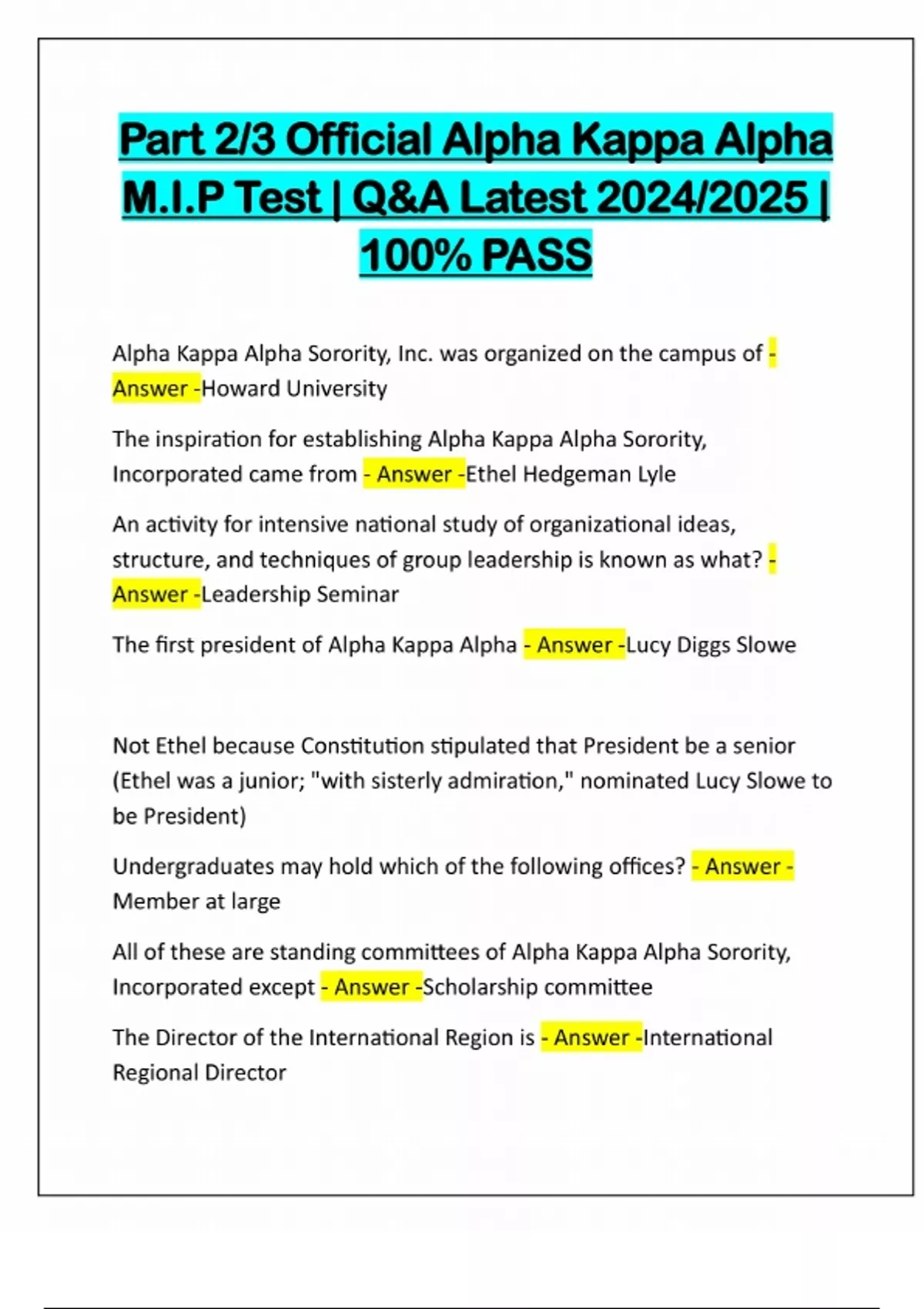 Part 2/3 Official Alpha Kappa Alpha M.I.P Test | Q&A Latest 2024/2025 ...