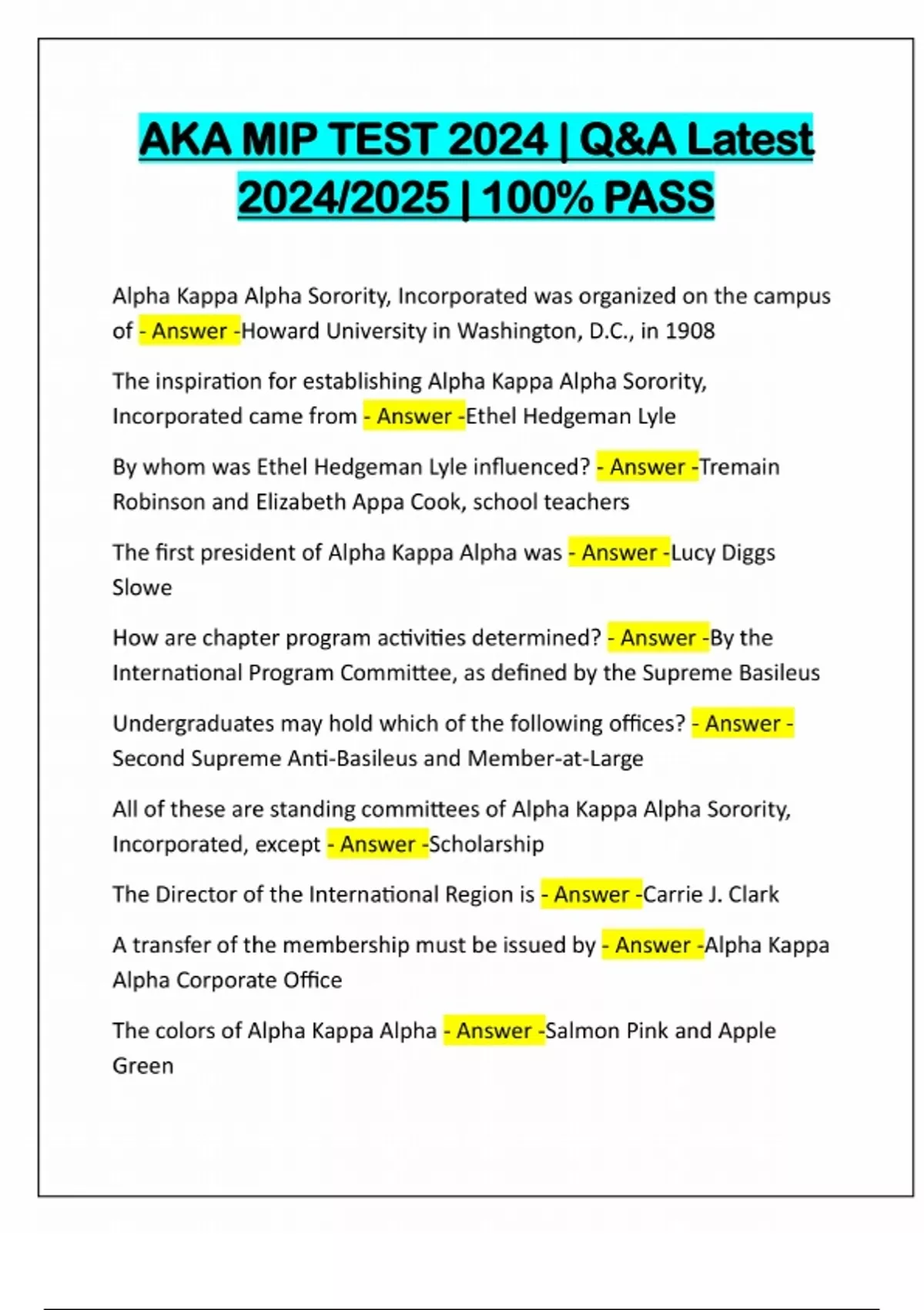 AKA MIP TEST 2024 | Q&A Latest 2024/2025 | 100% PASS - AKA - Stuvia US