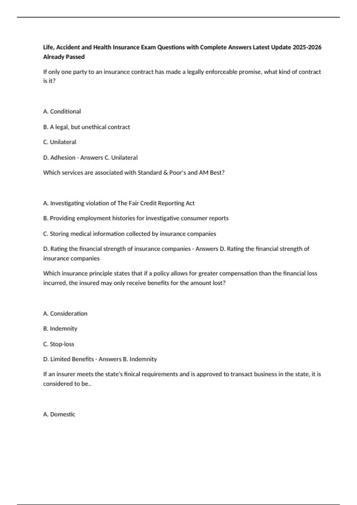 Life, Accident and Health Insurance Exam Questions with Complete ...