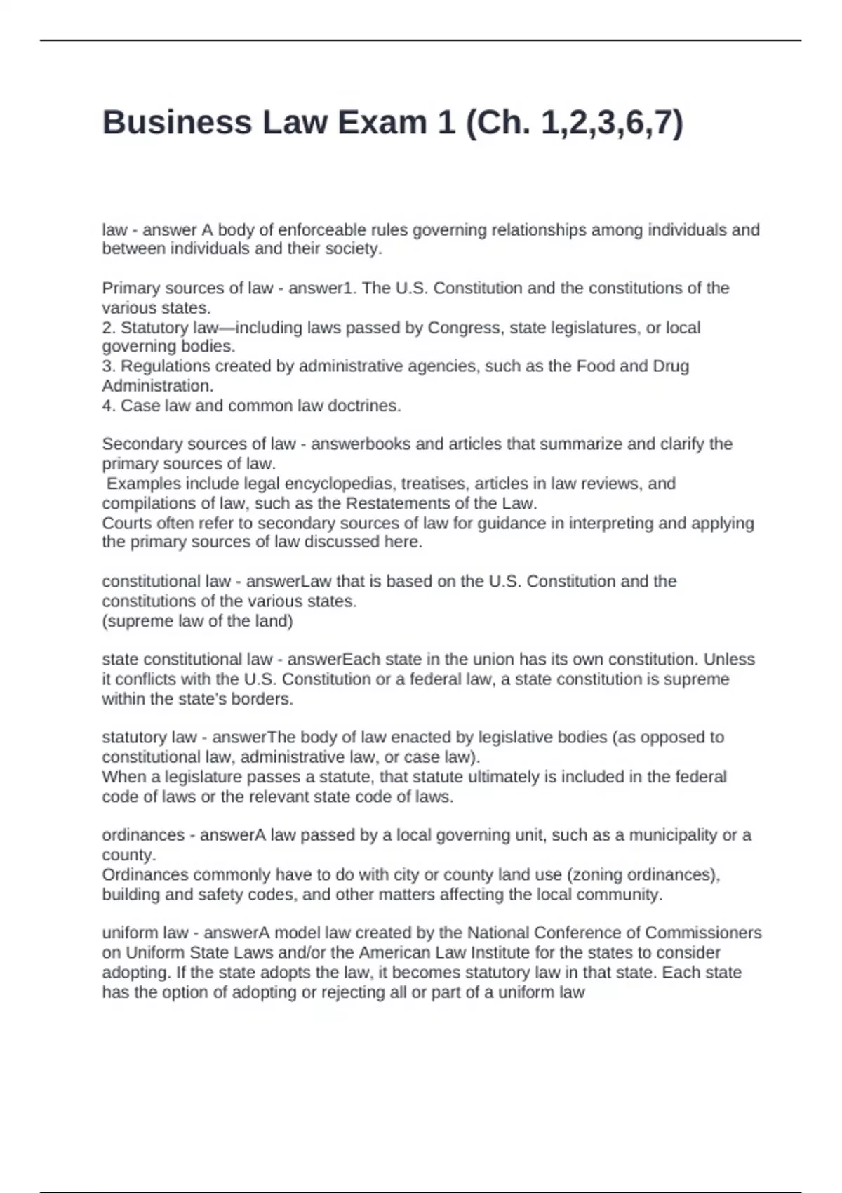 Business Law Exam 1 (Ch. 1,2,3,6,7). Questions and Answers 100% Correct ...