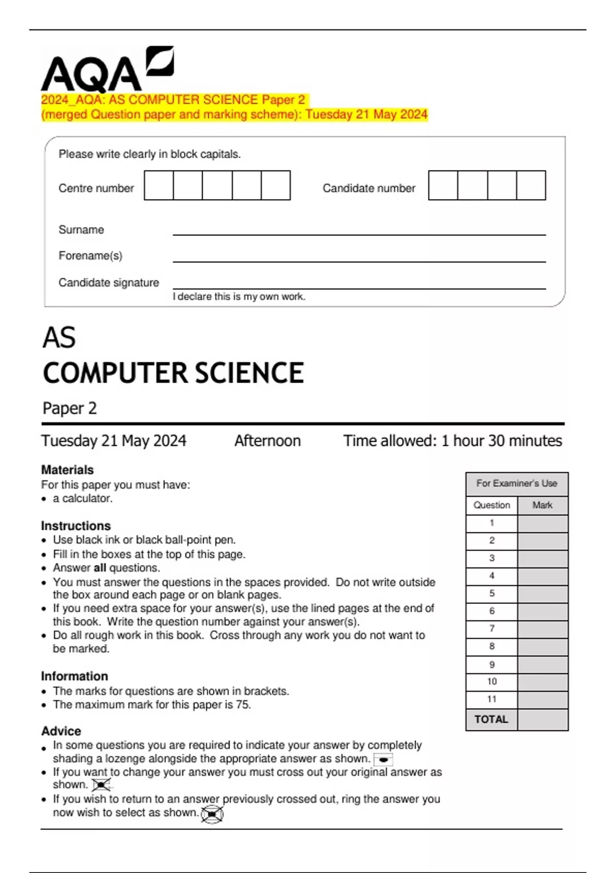 2024_AQA: AS COMPUTER SCIENCE Paper 2 (merged Question paper and marking scheme): Tuesday 21 May ...