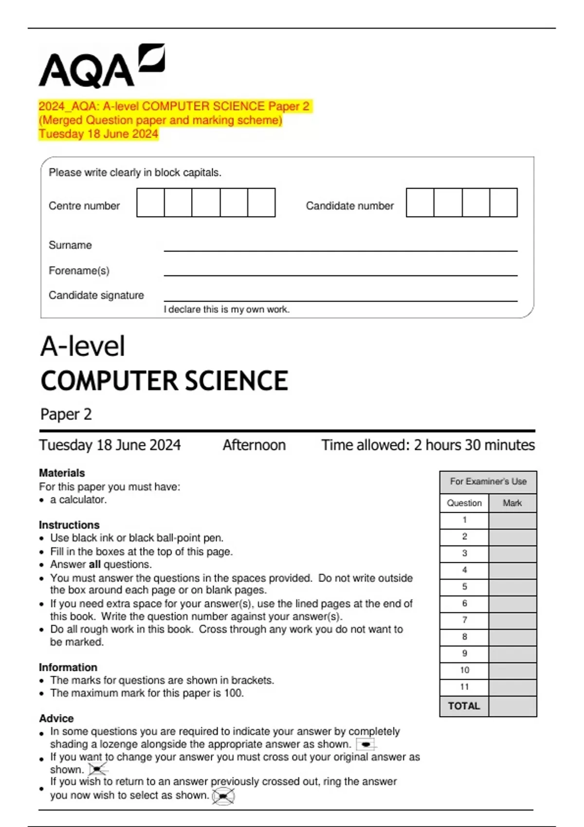 2024_AQA: A-level COMPUTER SCIENCE Paper 2 (Merged Question paper and ...