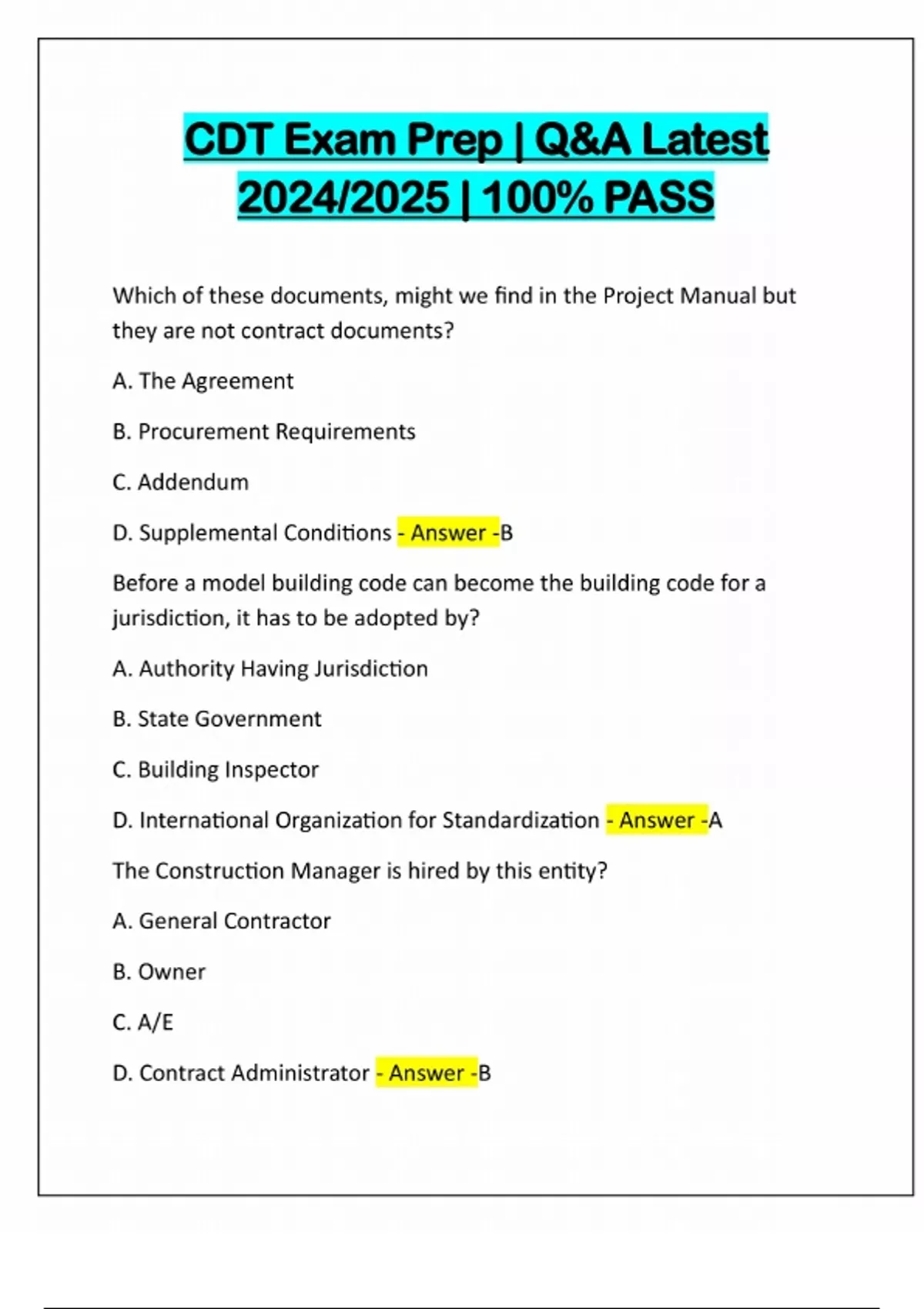 CDT PACKAGE DEAL EXAMS | QUESTIONS AND CORRECT ANSWERS | LATEST UPDATE ...
