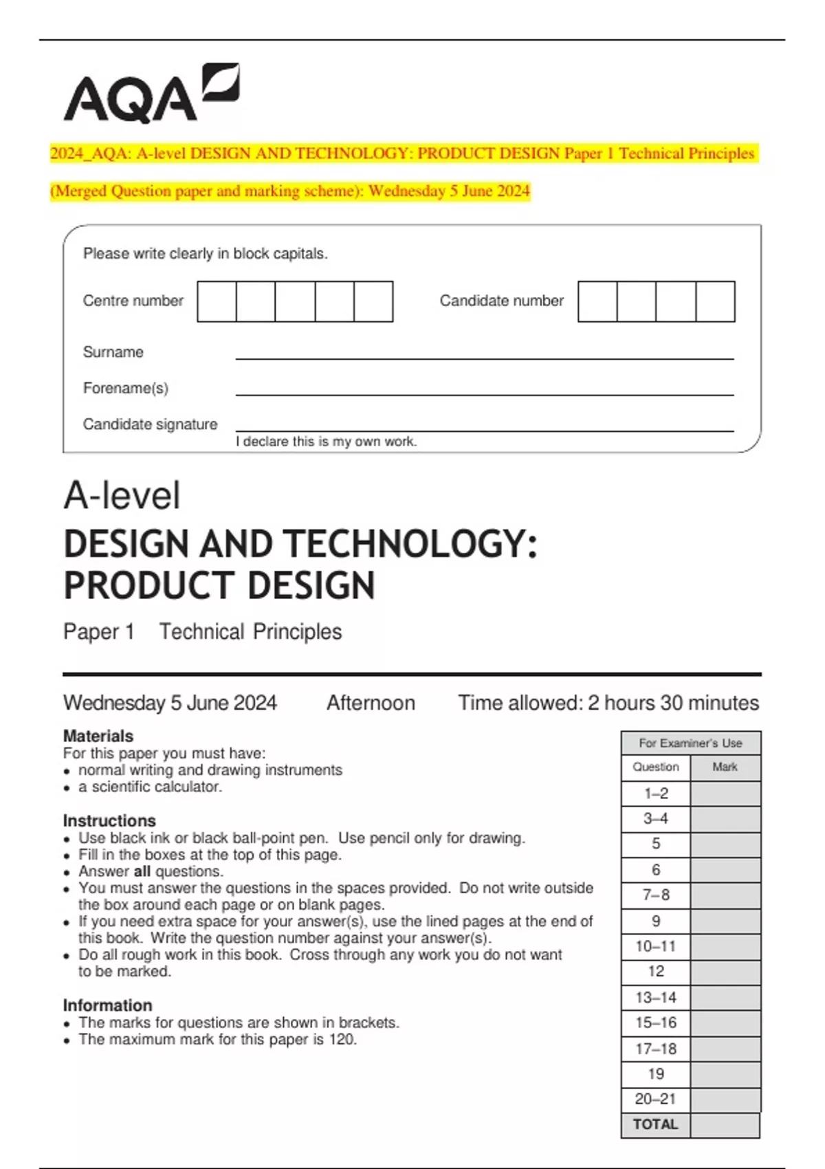 2024_AQA: A-level DESIGN AND TECHNOLOGY: PRODUCT DESIGN Paper 1 Technical Principles (Merged ...