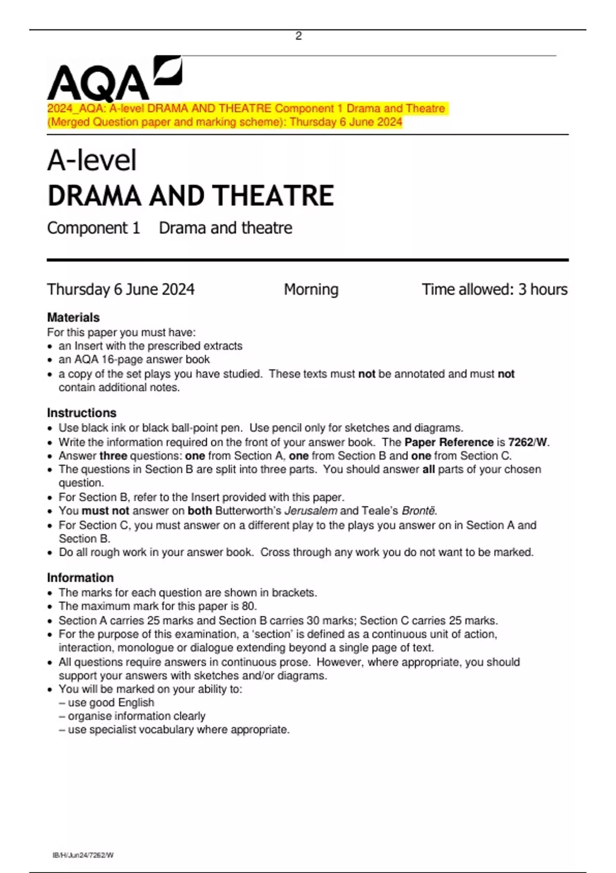 2024_AQA: A-level DRAMA AND THEATRE Component 1 Drama and Theatre ...