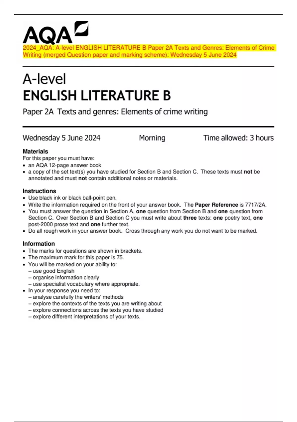2024_AQA: A-level ENGLISH LITERATURE B Paper 2A Texts and Genres ...